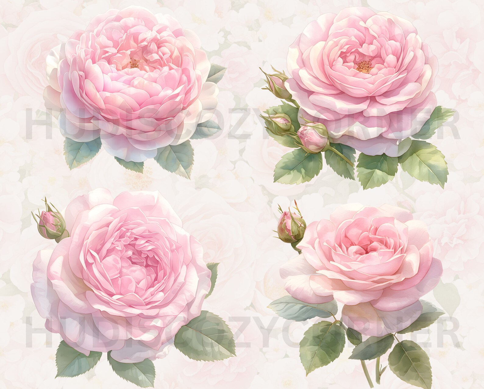 20 Soft Pastel Pink Rose Clipart, Watercolor Pink Rose Flowers JPG ...