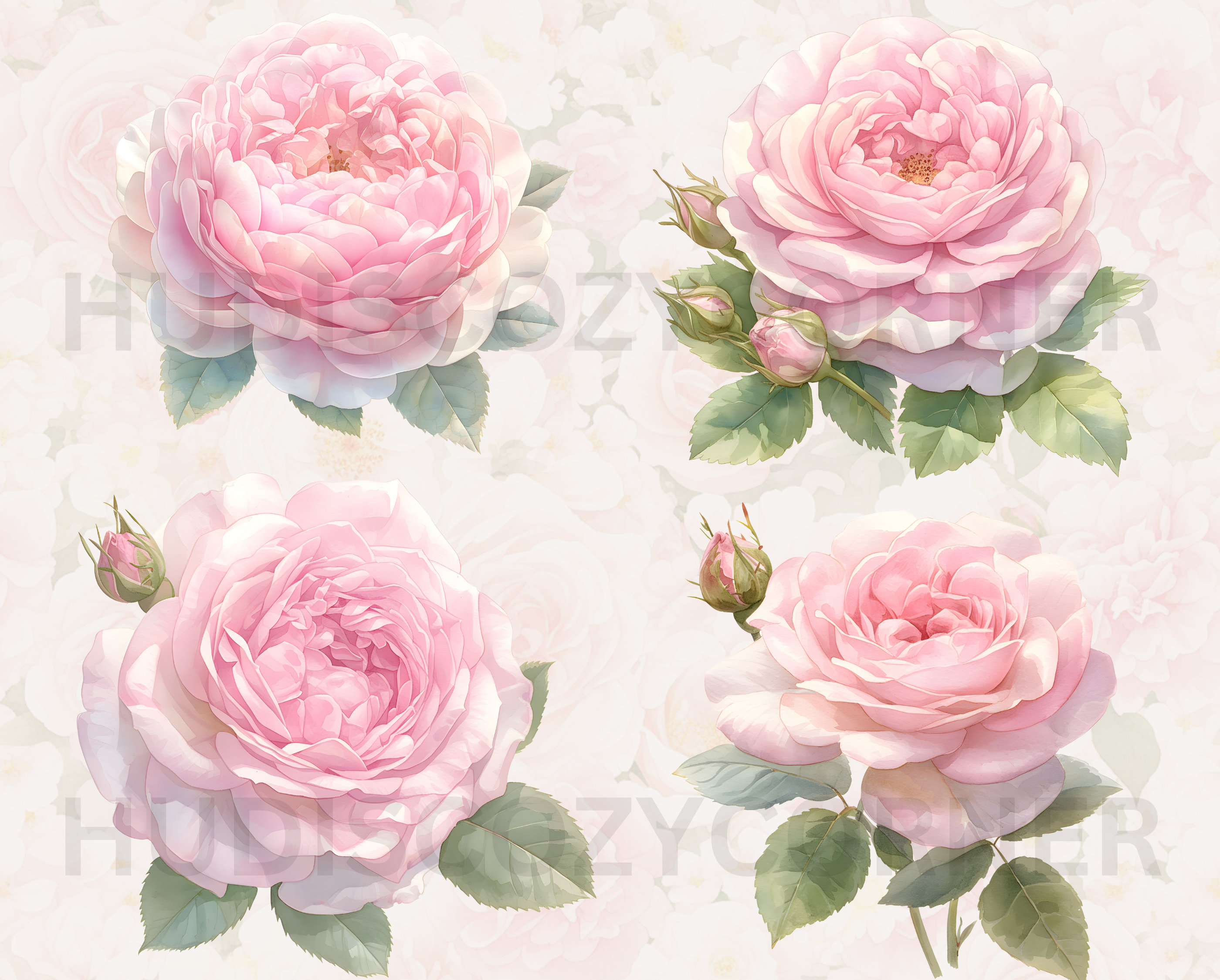 20 Soft Pastel Pink Rose Clipart, Watercolor Pink Rose Flowers JPG ...