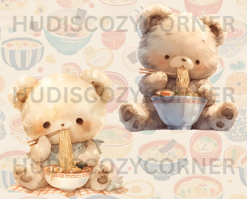 14 Teddy Bear Eating Ramen Clipart Bundle, Watercolor Little Baby ...