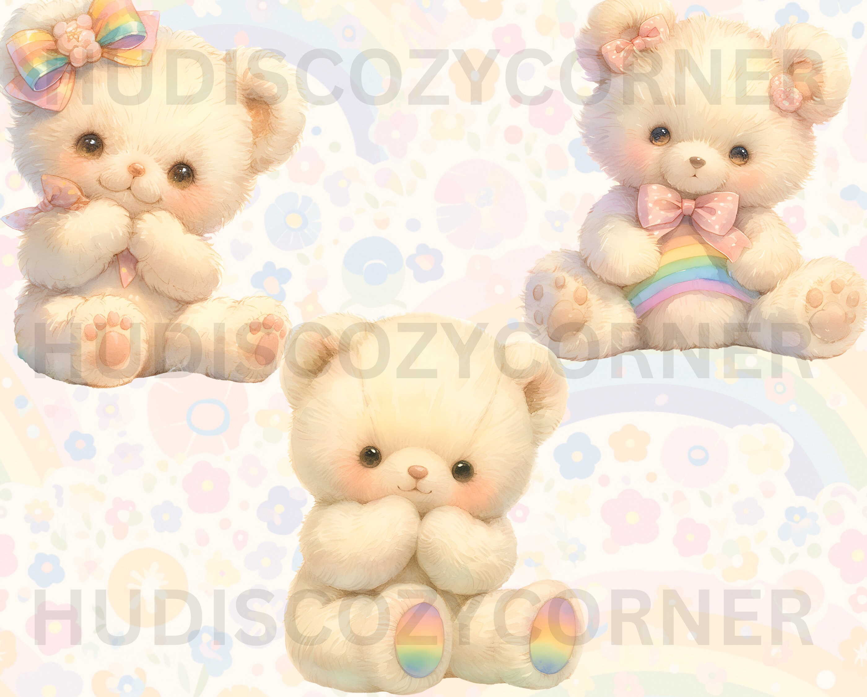 17 Cute Rainbow Themed Teddy Bear Clipart, Watercolor Pastel Teddies ...