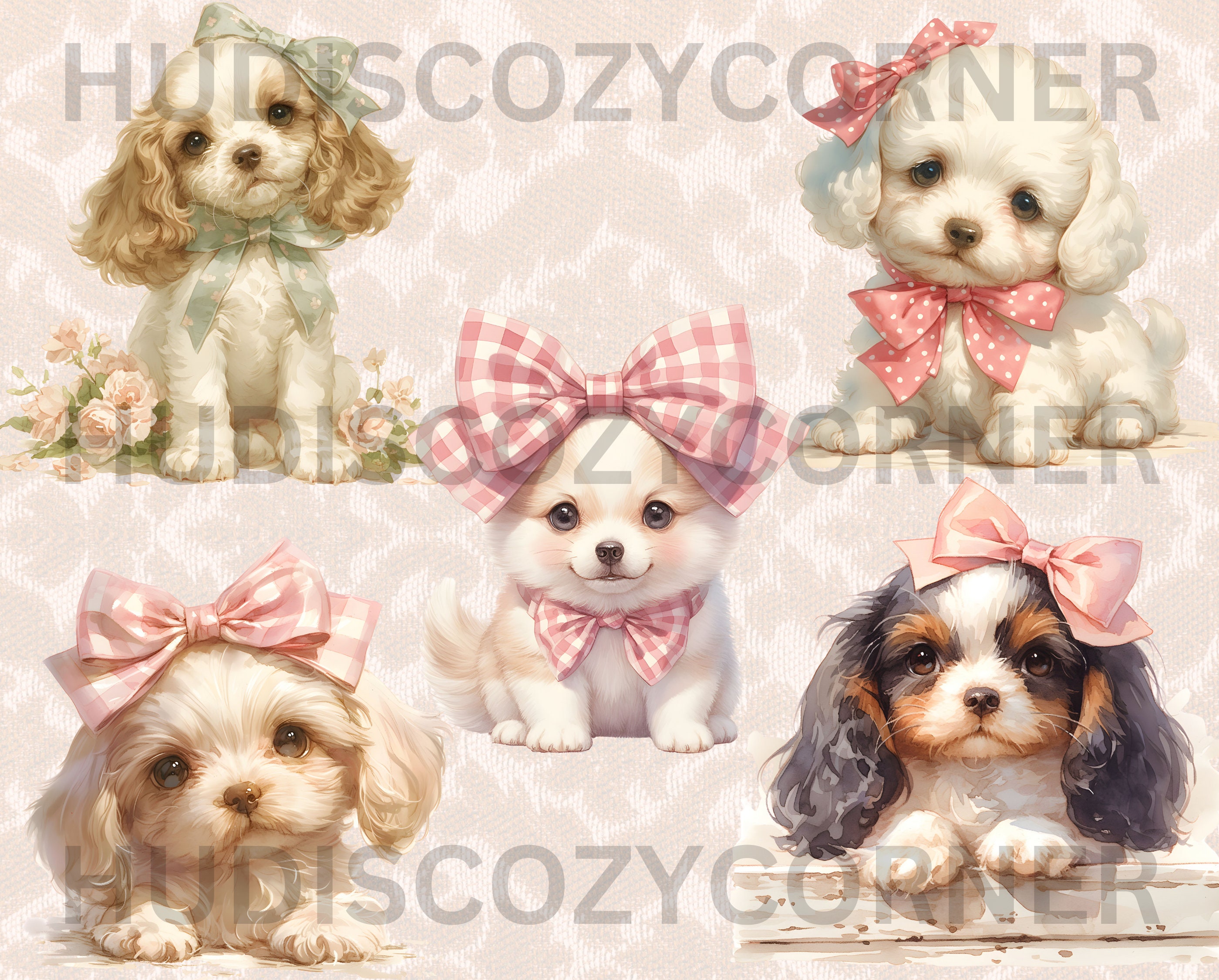 36 Cute Puppy With Bow Clipart Bundle, Watercolor Vintage Puppies ...