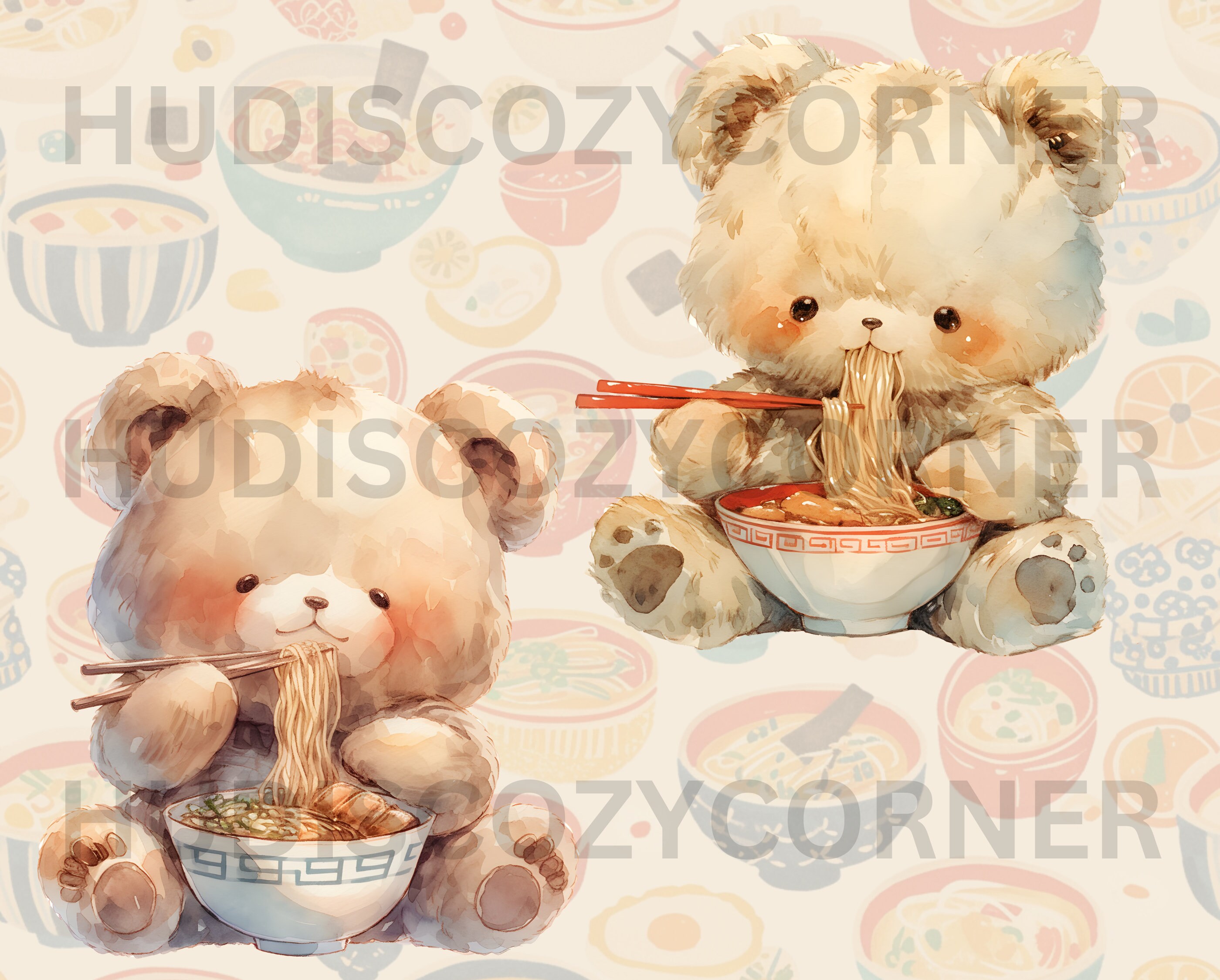14 Teddy Bear Eating Ramen Clipart Bundle, Watercolor Little Baby ...