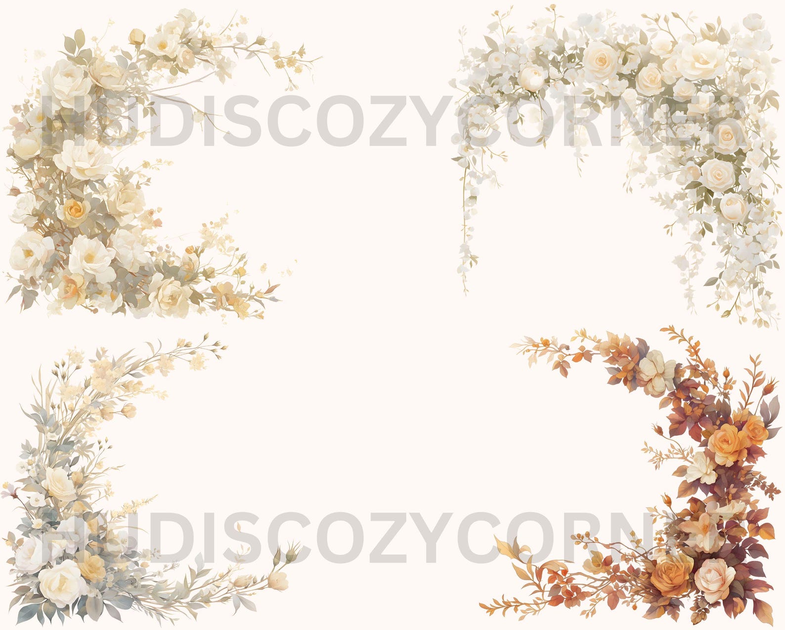 26 Autumn Rose Floral Border Clipart, Soft Watercolor Fall Rose Flower ...