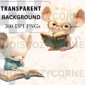 12 Cute Reading Mouse Clipart, Watercolor Cartoon Book Lover Mice ...