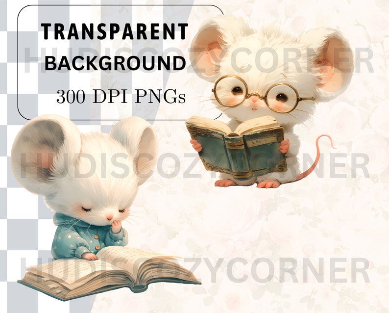 12 Cute Reading Mouse Clipart, Watercolor Cartoon Book Lover Mice ...