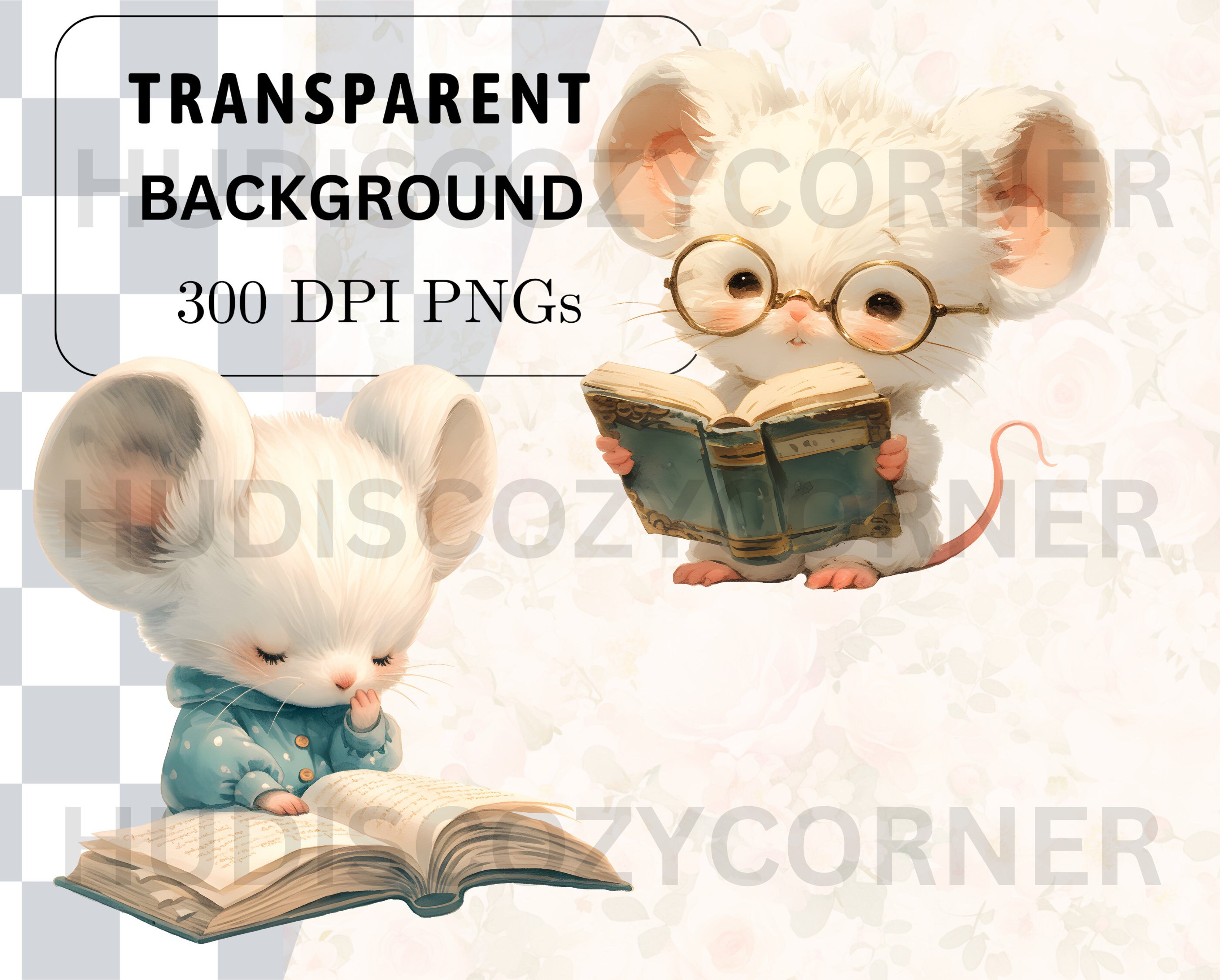 12 Cute Reading Mouse Clipart, Watercolor Cartoon Book Lover Mice ...
