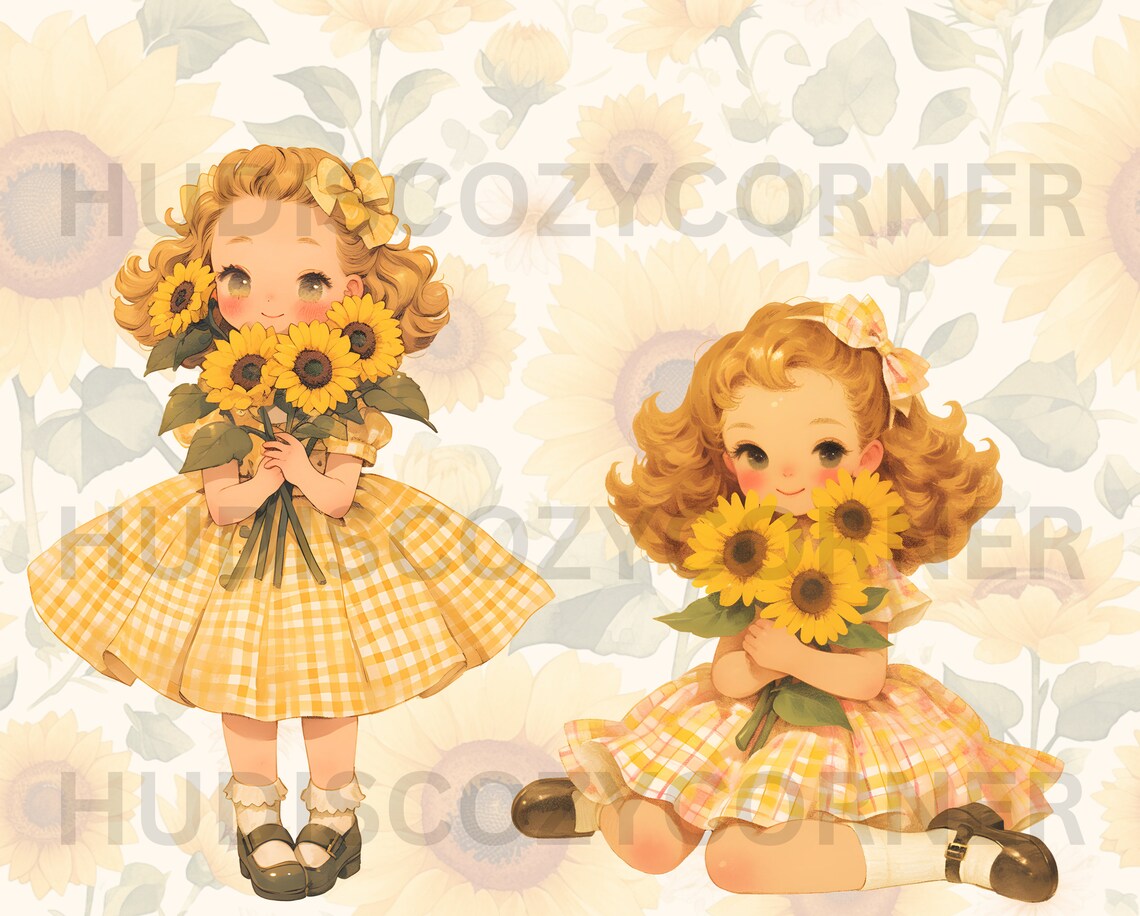 12 Vintage Sunflower Girl Clipart Bundle, Watercolor Girl in Yellow ...