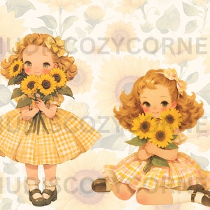 12 Vintage Sunflower Girl Clipart Bundle, Watercolor Girl in Yellow ...