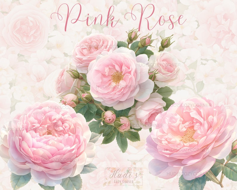 20 Soft Pastel Pink Rose Clipart, Watercolor Pink Rose Flowers JPG ...
