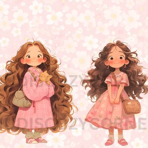 10 Cute Girl in Pink With Curls Clipart Bundle, Watercolor Little Girls ...