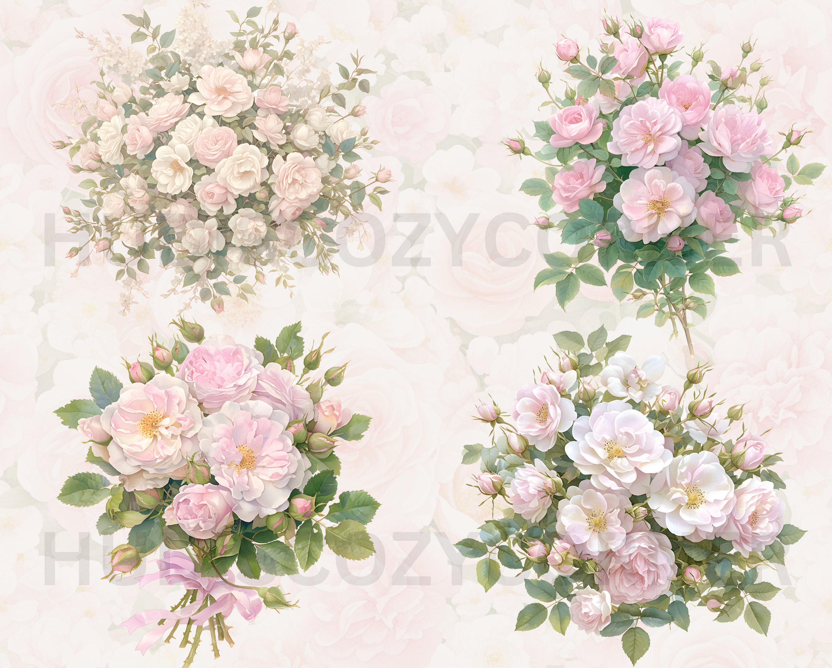 20 Soft Pastel Pink Rose Clipart, Watercolor Pink Rose Flowers JPG ...