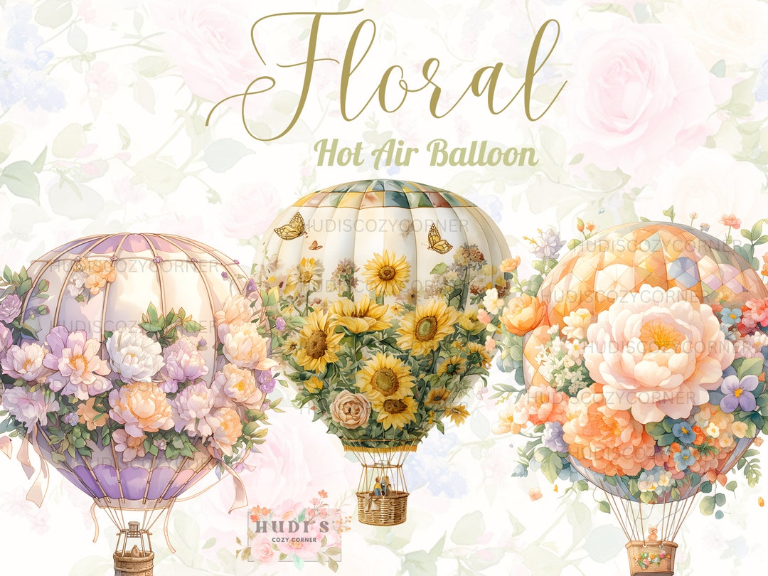 15 Vintage Hot Air Balloon Clipart Bundle, Floral Watercolor Nursery ...