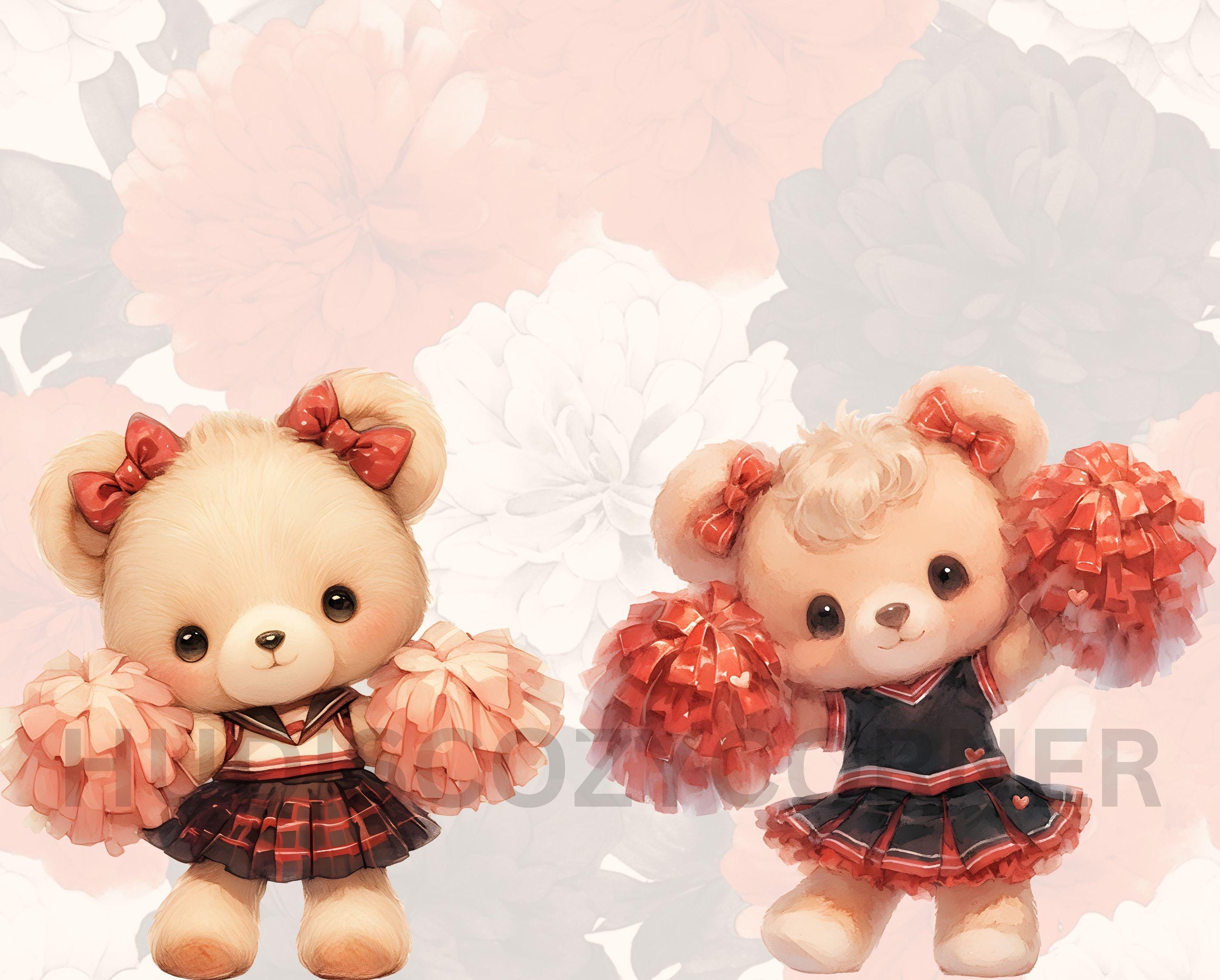 12 Cheerleader Teddy Bear Clipart, Watercolor Black and Red Cheer Pom ...