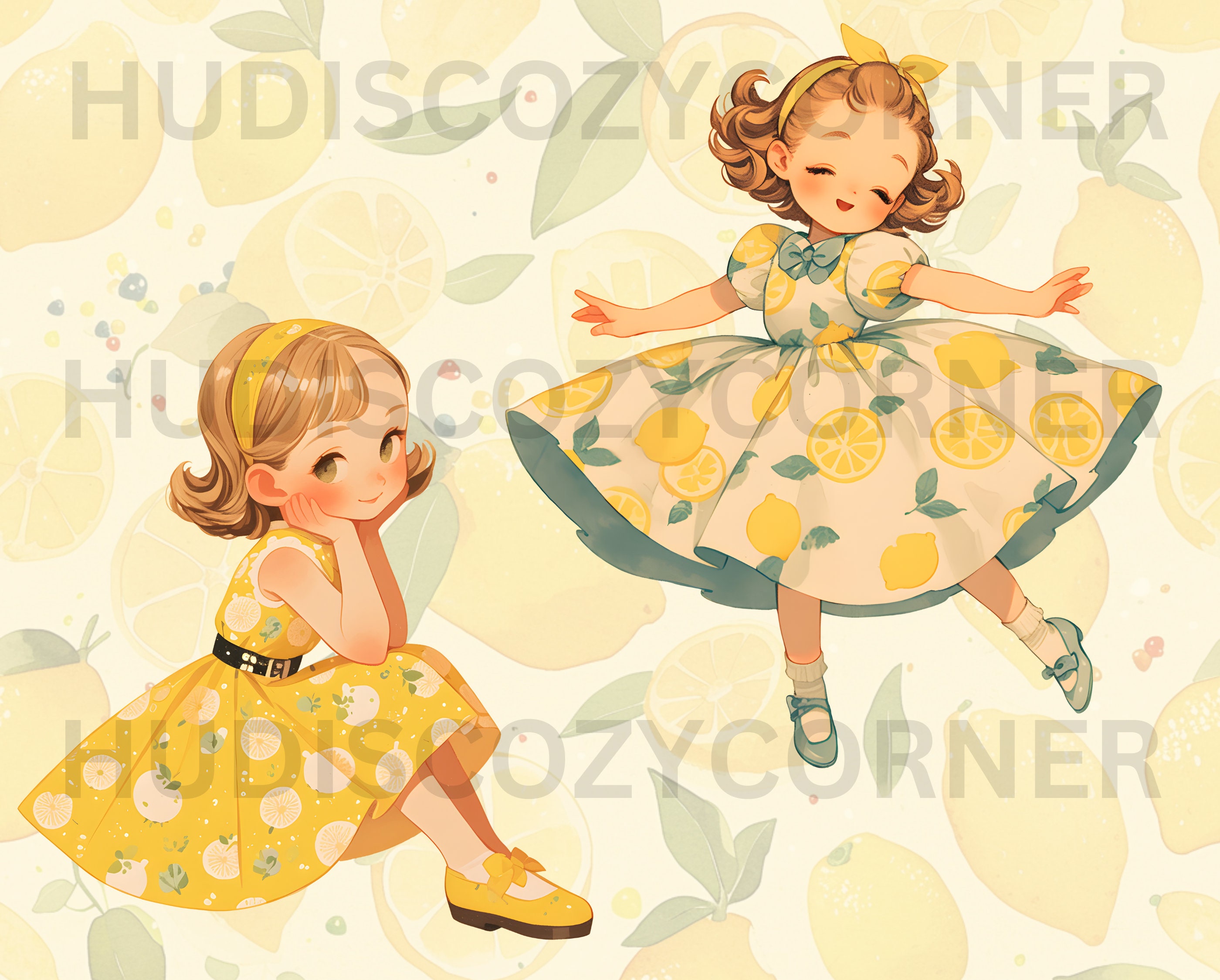 8 Girl in Lemon Dress Clipart, Vintage Yellow Dress Girl Bundle ...