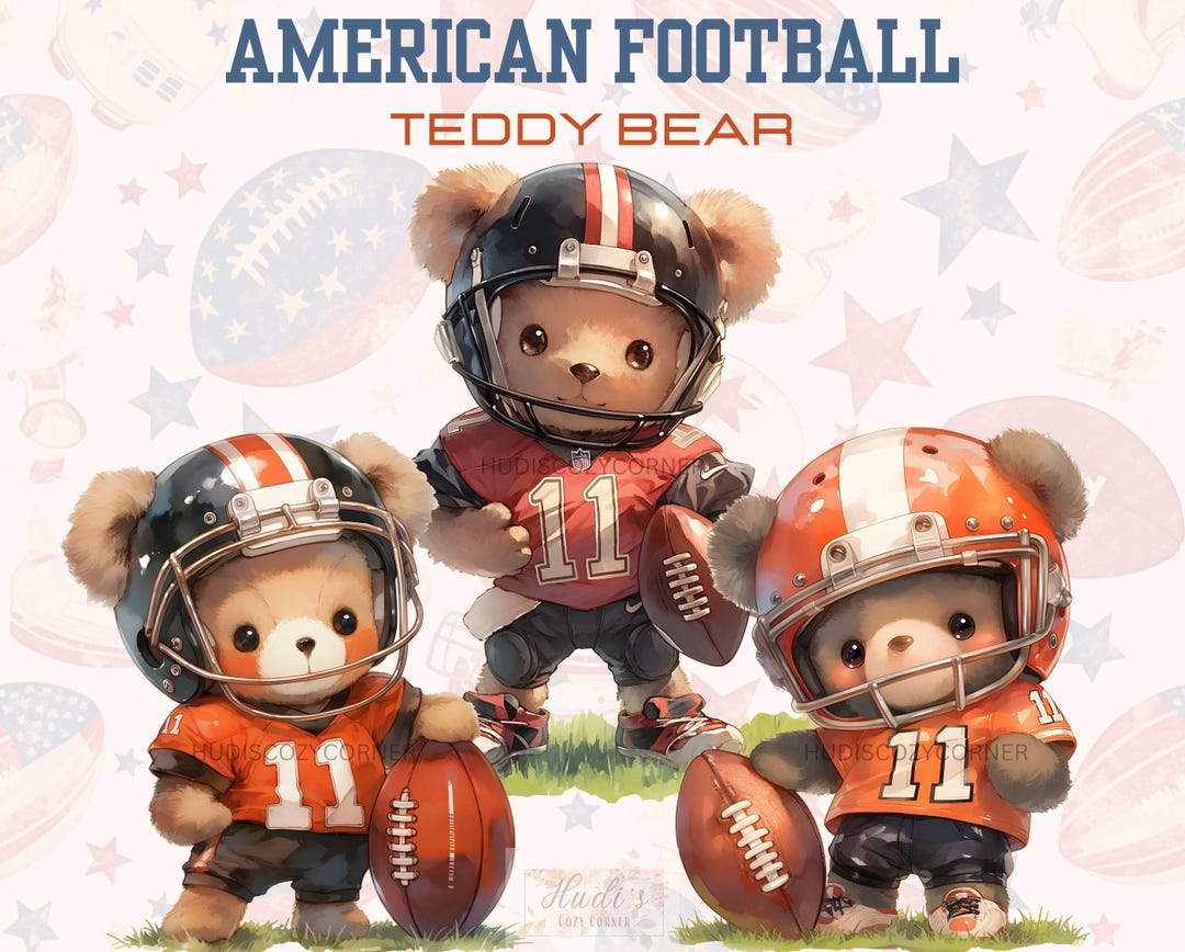 10 American Football Teddy Bear Clipart Bundle, Watercolor Baby Bear in ...