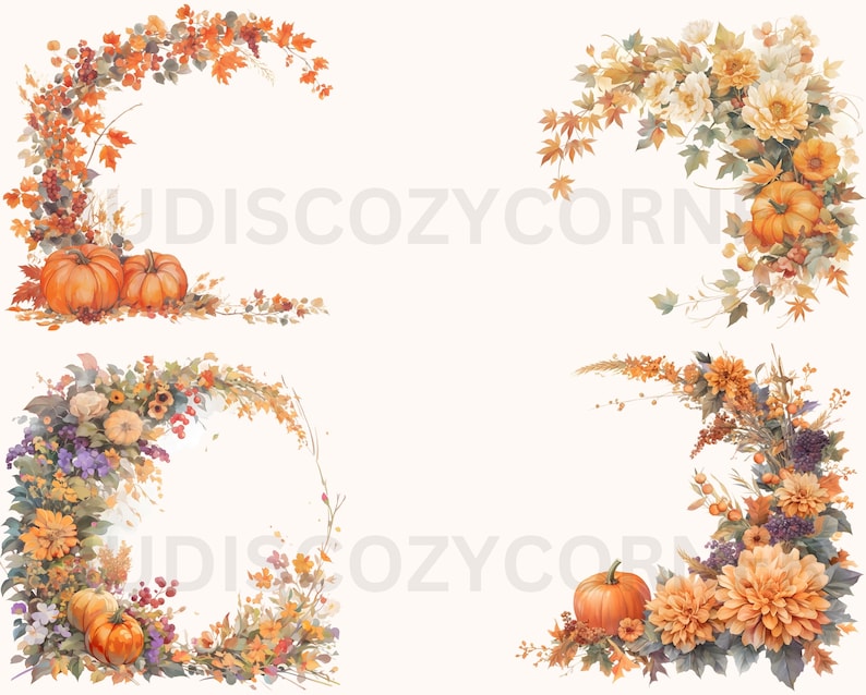 26 Autumn Floral Border Clipart Bundle, Watercolor Fall Leaves and ...