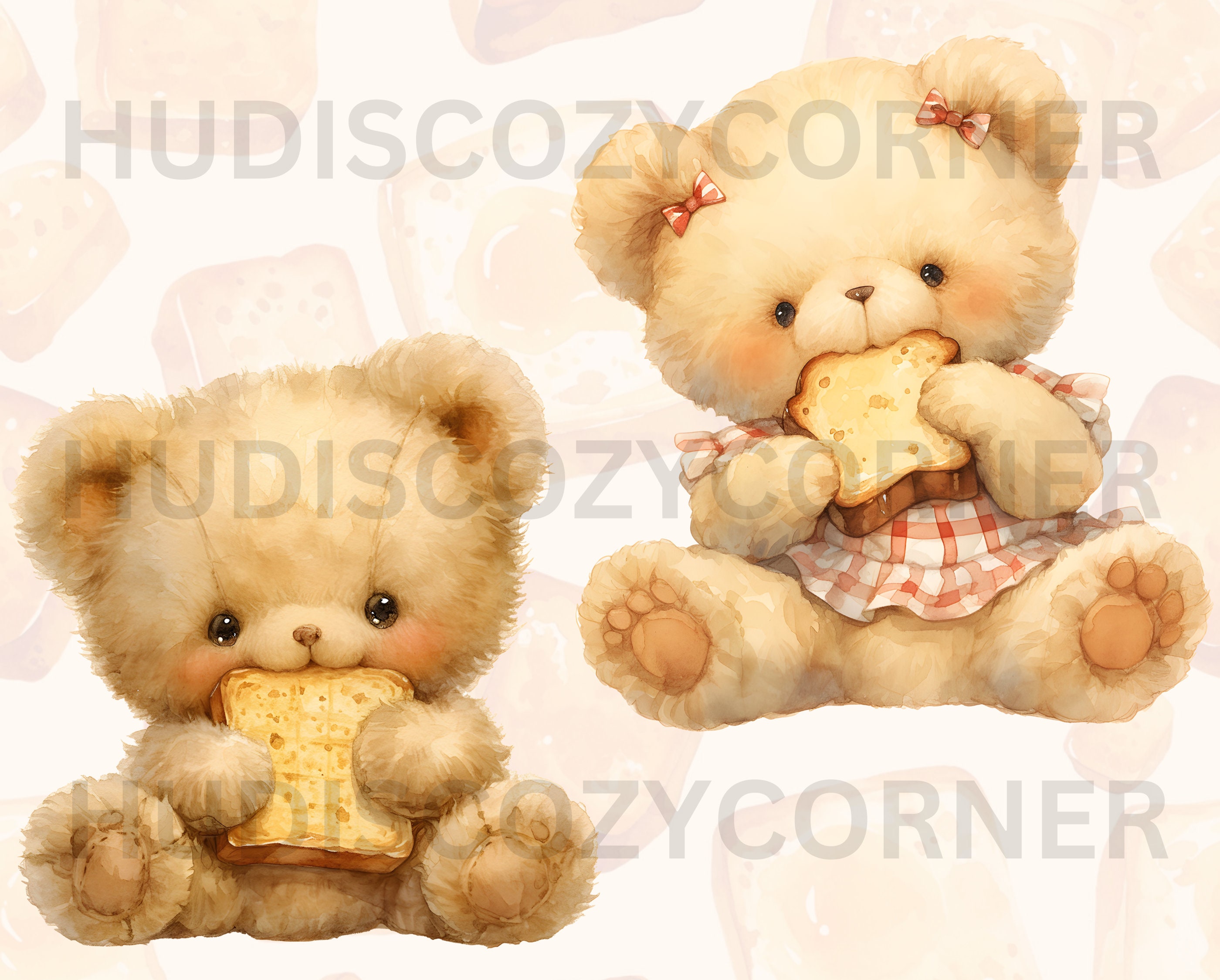 12 Cute Teddy Bear Eating Toast Clipart Bundle, Watercolor Teddies With ...