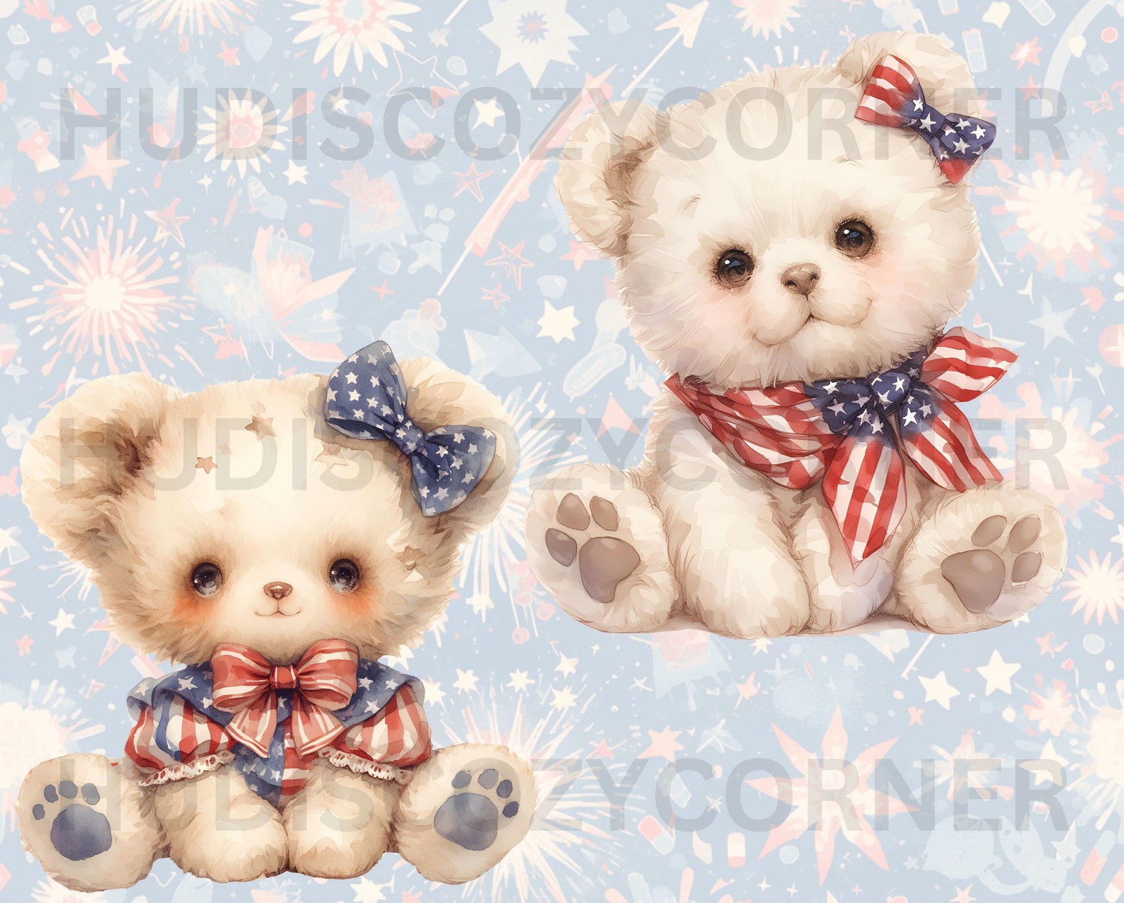10 Cute 4th of July Teddy Bear Clipart Bundle, Watercolor Baby Bears ...