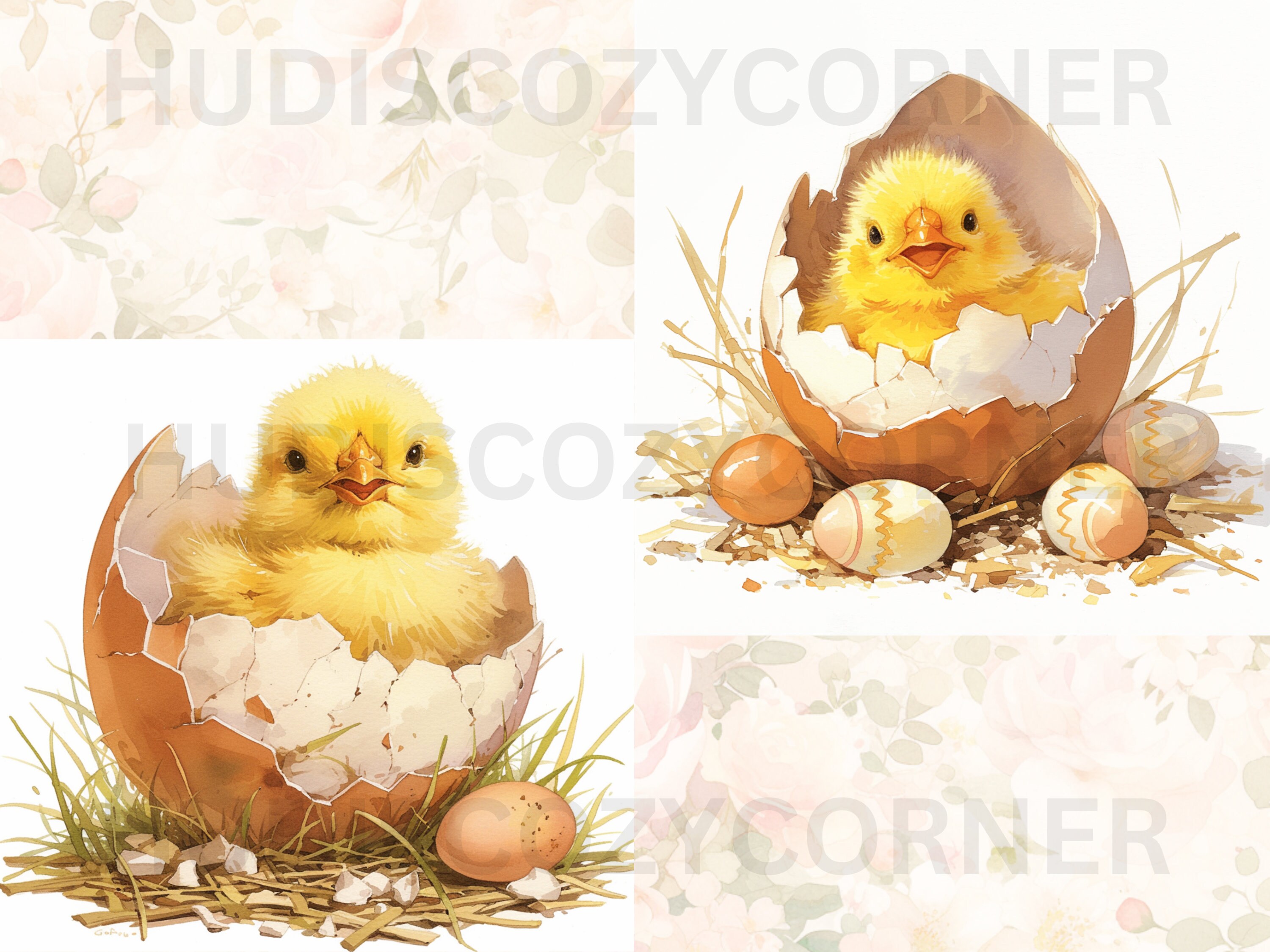 9 Fluffy Easter Hatching Chick Clipart, Spring Flowers and Eggs ...