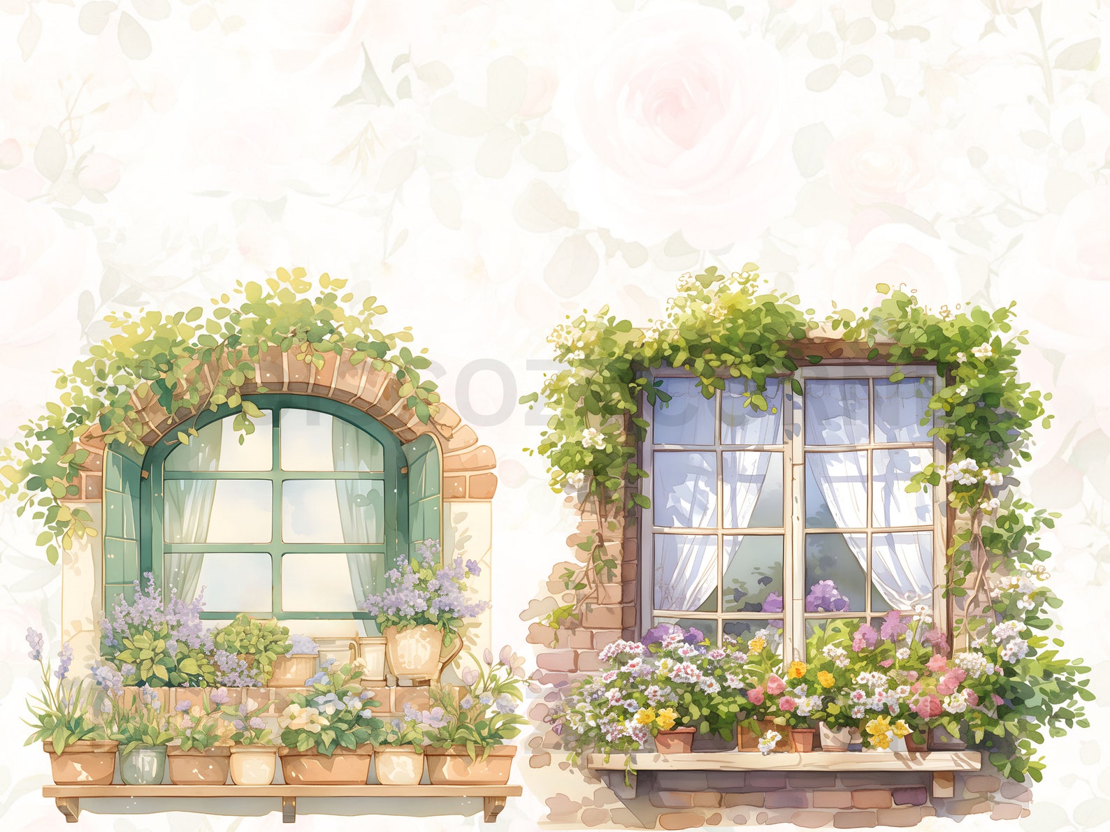 20 Spring Floral Window Clipart, Spring Flower Window View Bundle, Cozy ...