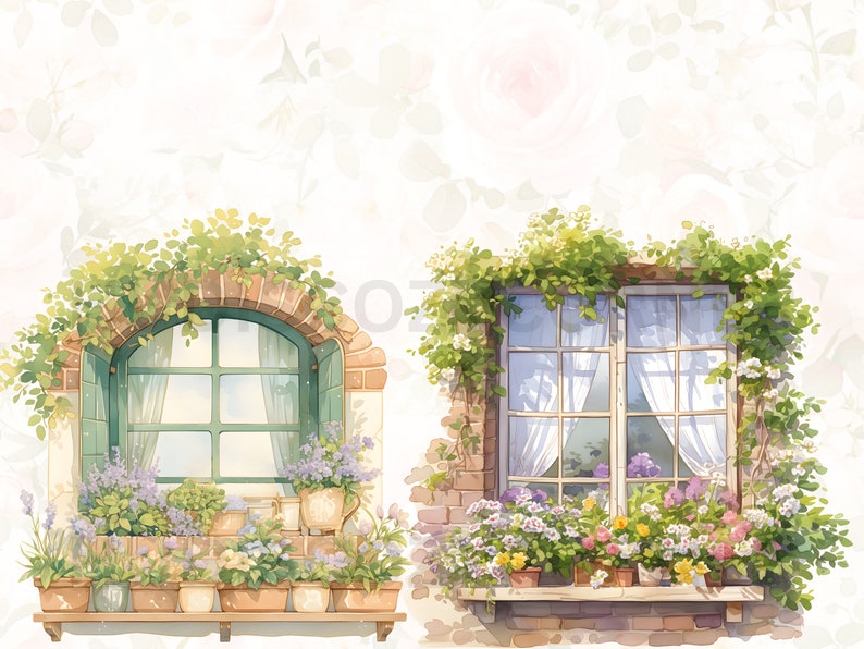 20 Spring Floral Window Clipart, Spring Flower Window View Bundle, Cozy ...