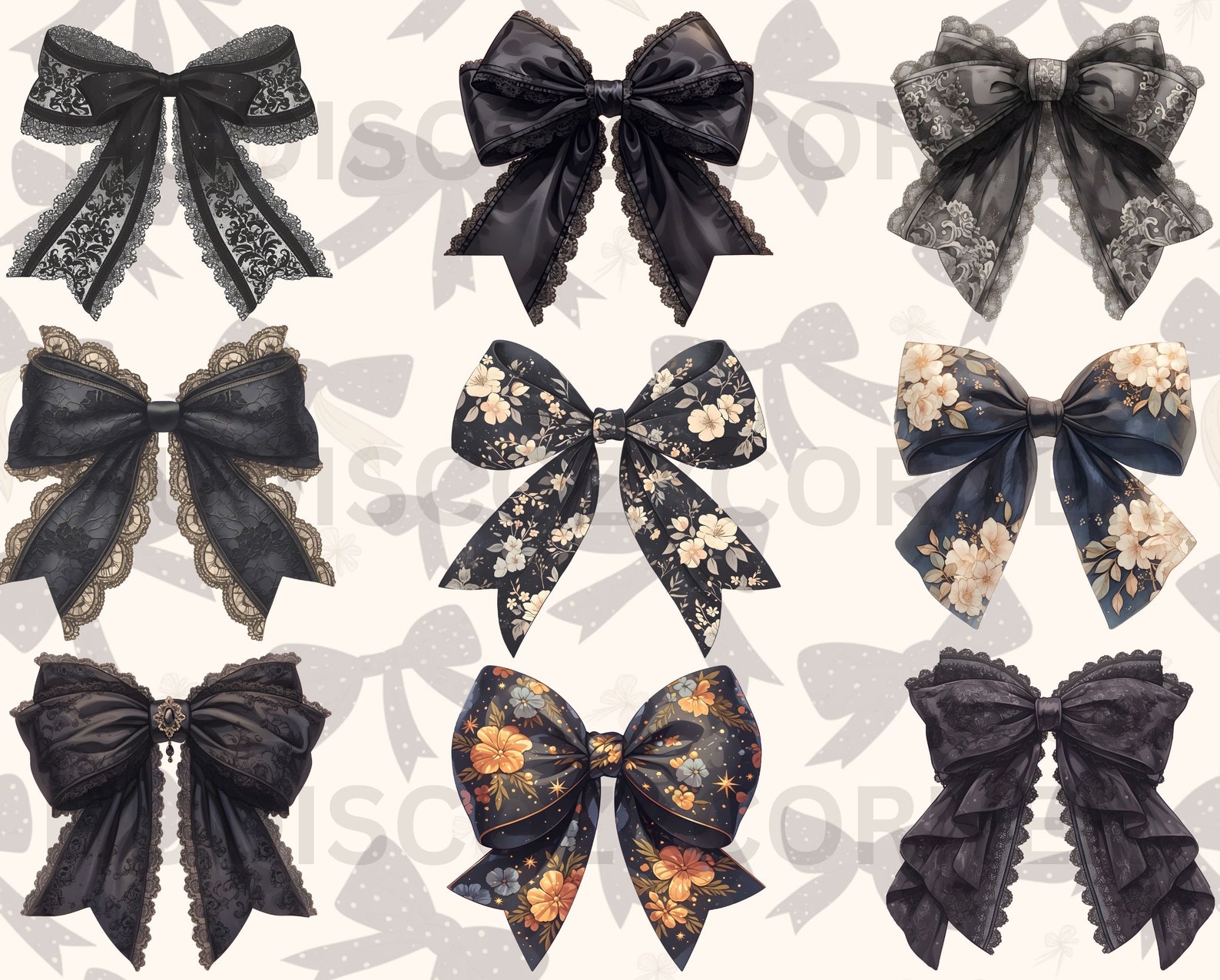 44 Black Bow Clipart, Watercolor Dark Lace Bow Design, Printable PNG ...