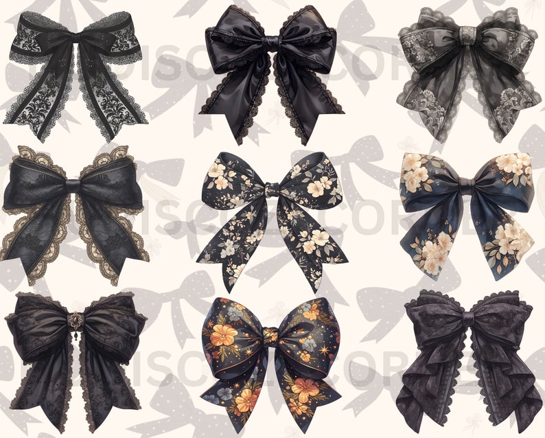 44 Black Bow Clipart, Watercolor Dark Lace Bow Design, Printable PNG ...