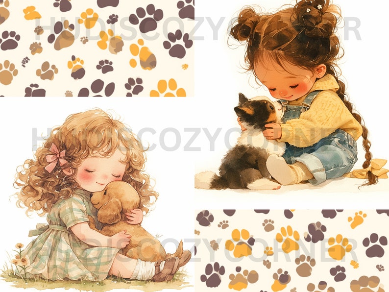 11 Cute Girl With Puppy Clipart, Watercolor Vintage Friendship Bundle ...