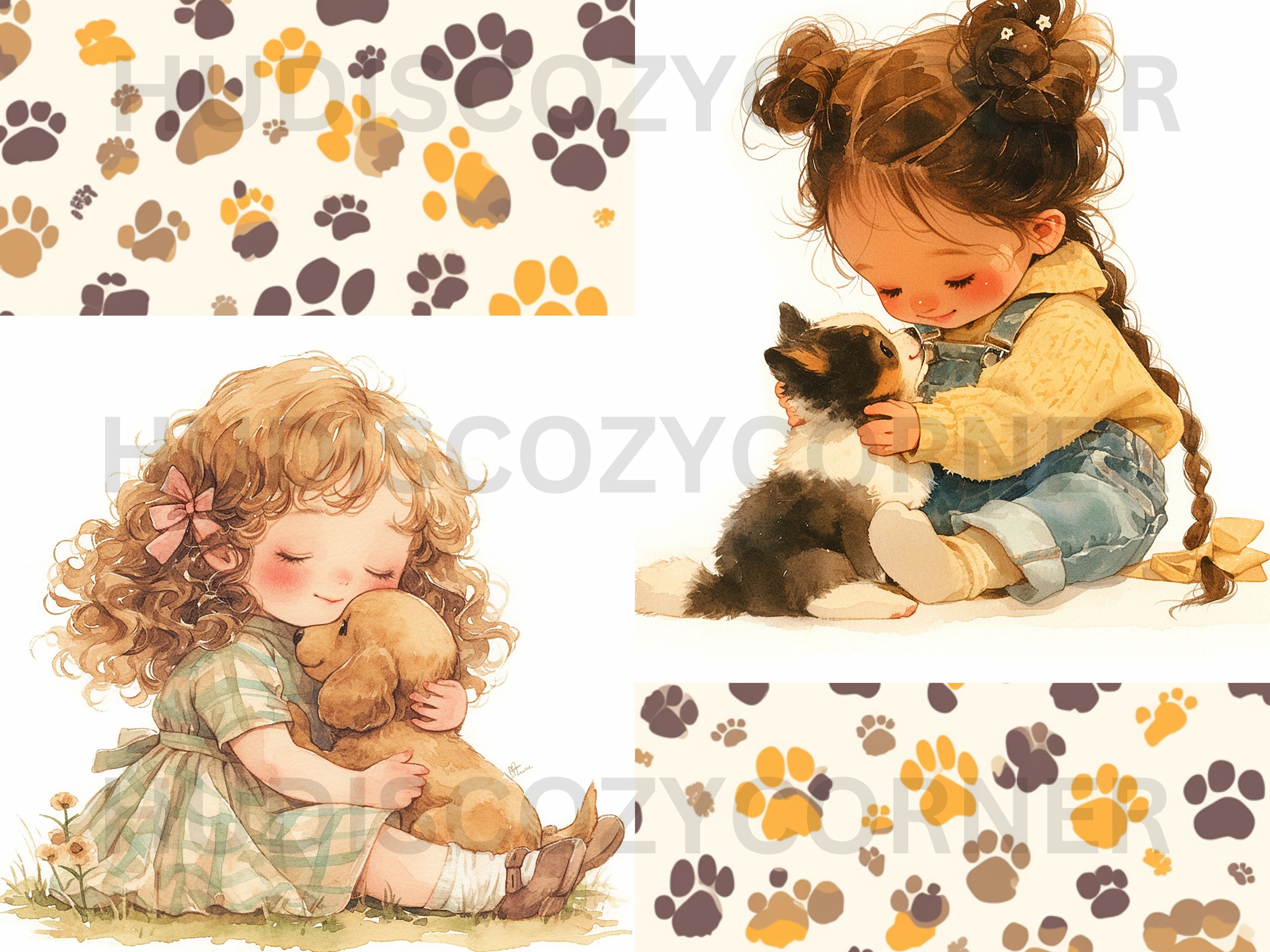 11 Cute Girl With Puppy Clipart, Watercolor Vintage Friendship Bundle ...