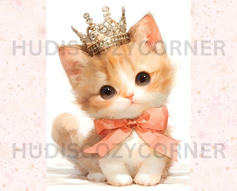 9 Cute Tiara Kitten Clipart Bundle, Watercolor Royal Baby Kittens With ...