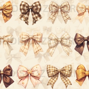 42 Cute Beige Brown Gingham Bow Clipart Bundle, Watercolor Silk Bows ...