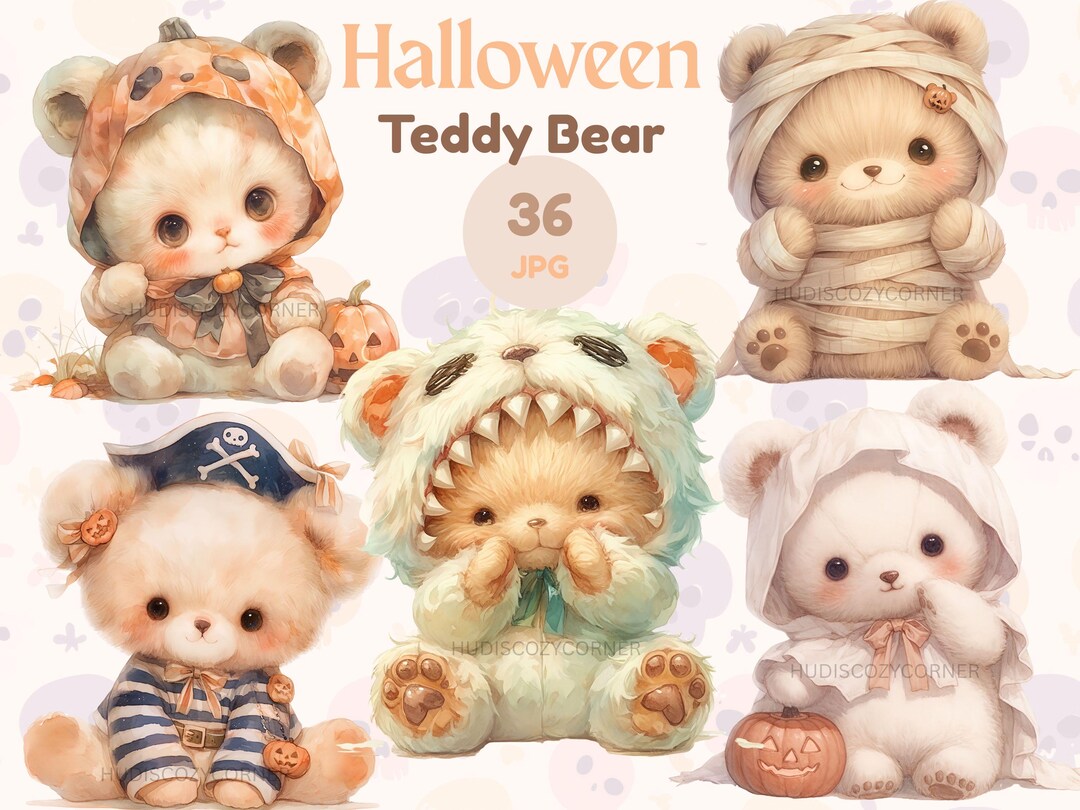 36 Cute Teddy Bear in Halloween Costume Clipart, Watercolor Halloween ...