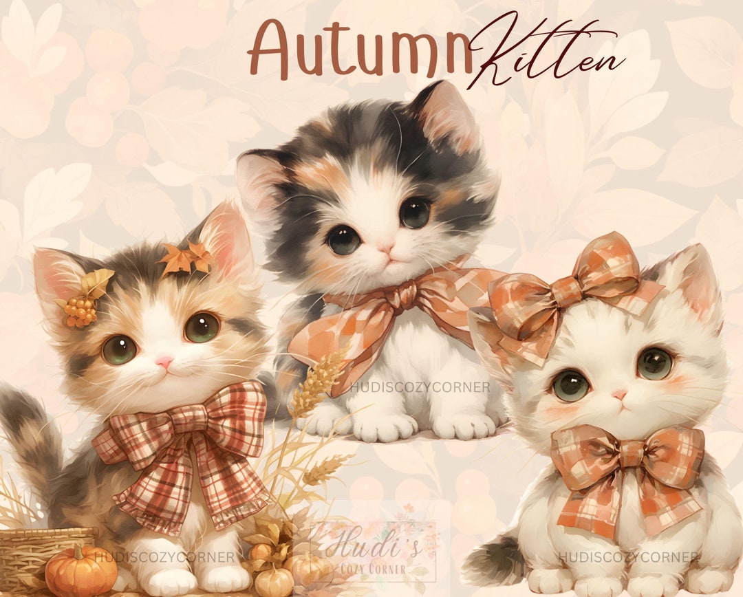 21 Cute Autumn Kitten Clipart Bundle, Watercolor Little Vintage Kittens ...
