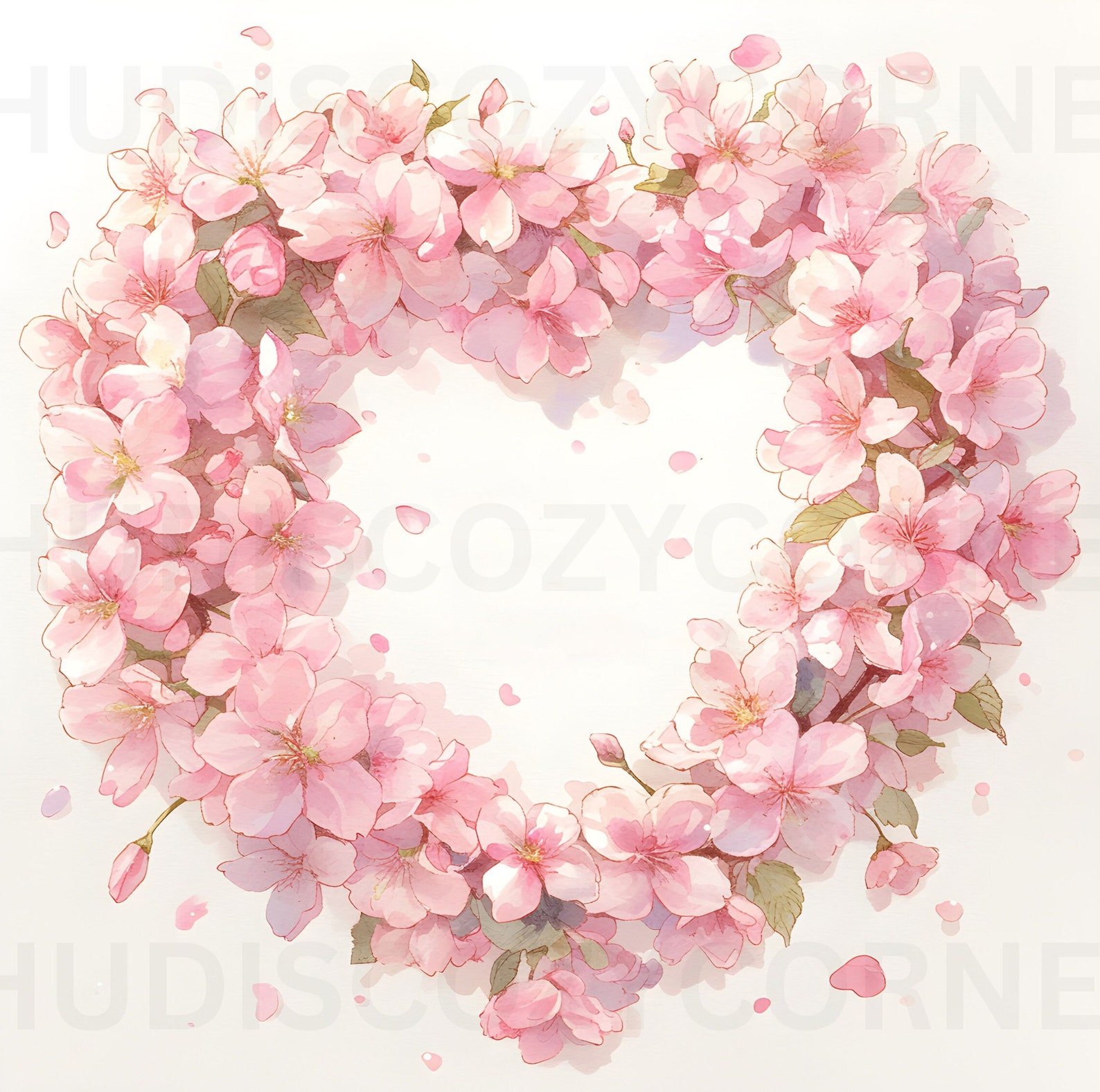 9 Watercolor Cherry Blossom Wreath Clipart, Soft Heart Shaped Sakura ...
