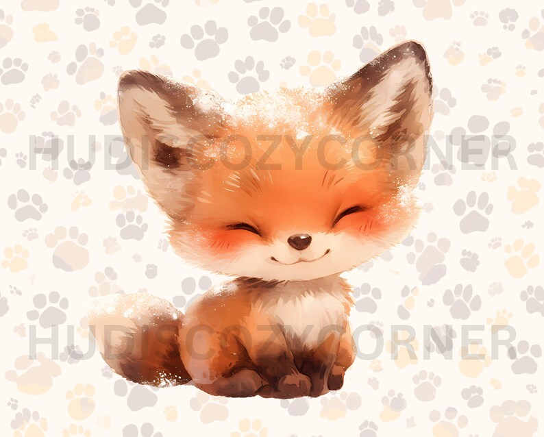 5 Cute Fluffy Baby Fox Clipart Bundle, Watercolor Woodland Nursery Art ...