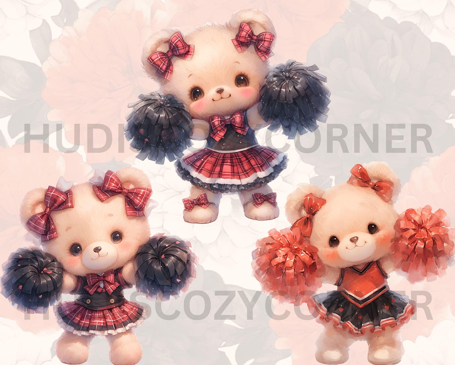12 Cheerleader Teddy Bear Clipart, Watercolor Black and Red Cheer Pom ...