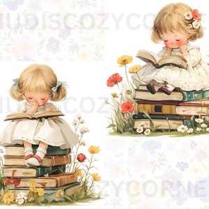 9 Vintage Reading Toddlers Clipart Bundle, Watercolor Spring Kids ...