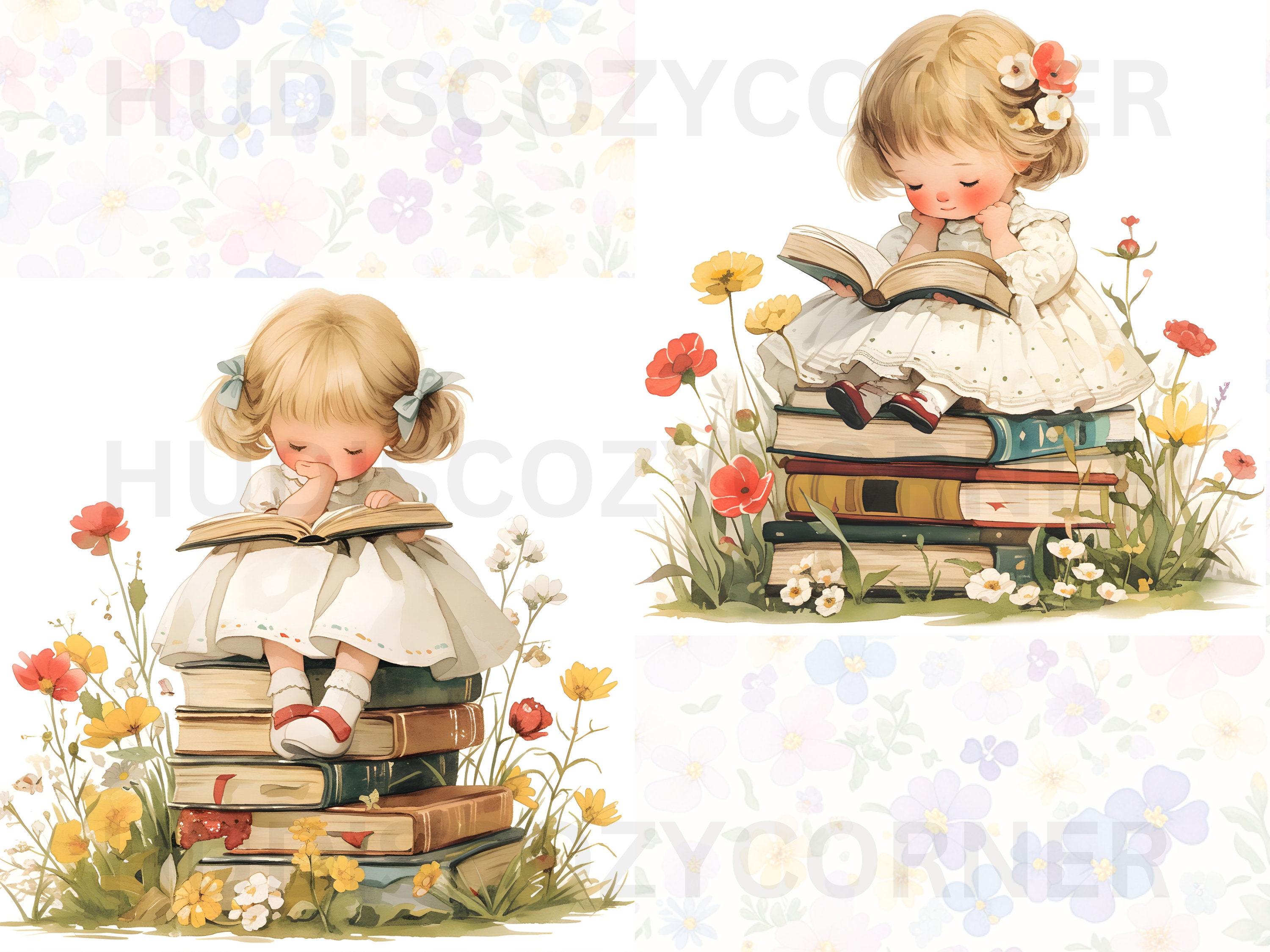 9 Vintage Reading Toddlers Clipart Bundle, Watercolor Spring Kids ...