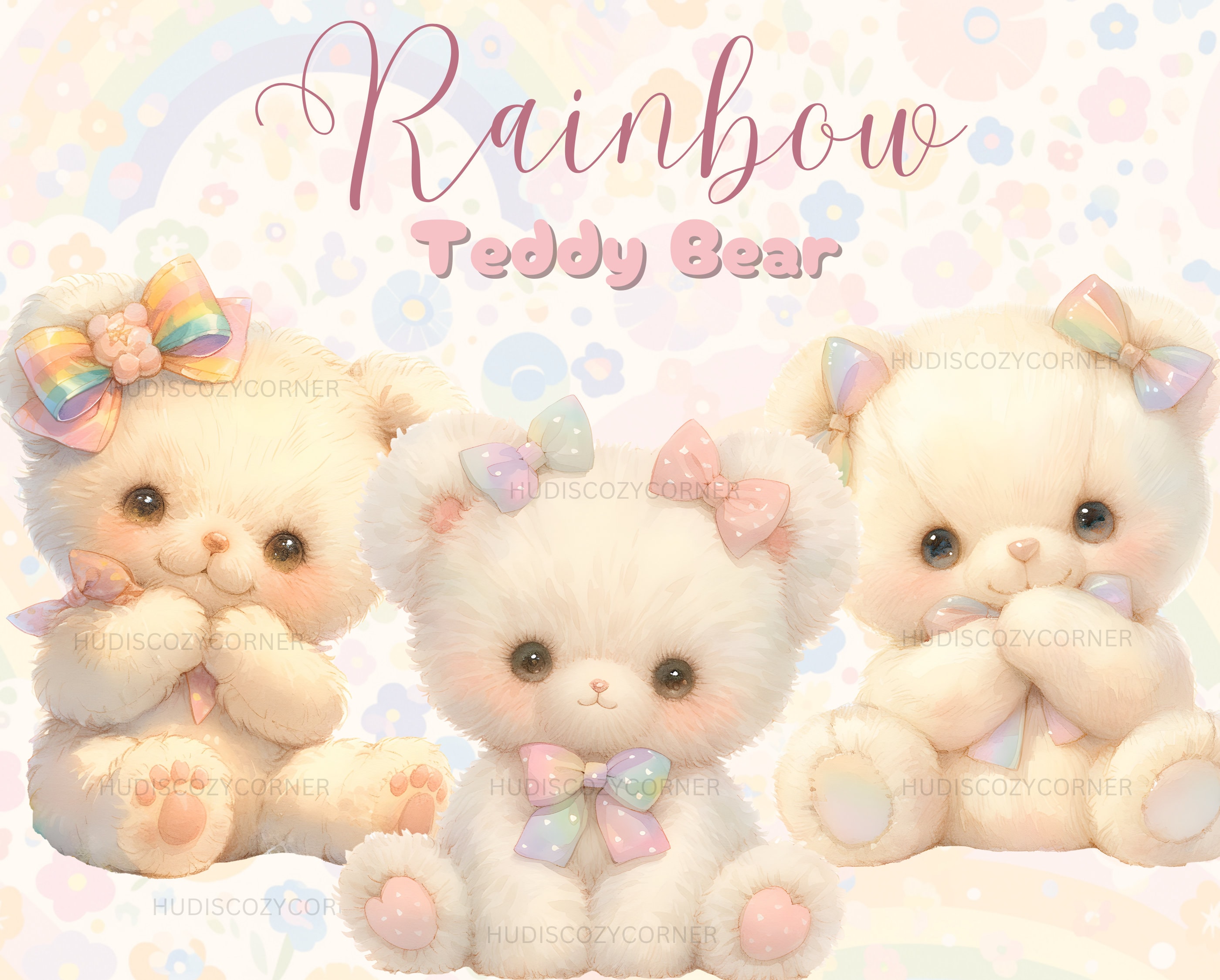 17 Cute Rainbow Themed Teddy Bear Clipart, Watercolor Pastel Teddies ...