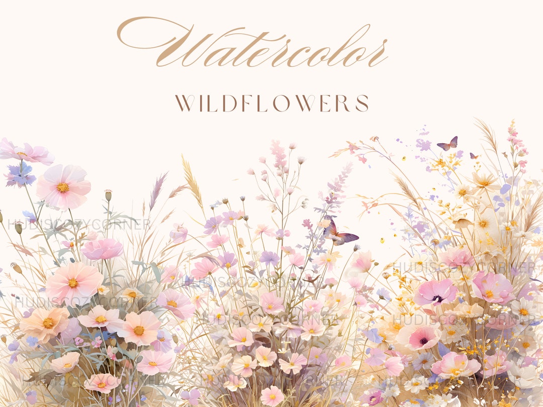 7 Watercolor Wildflower Clipart Border, Wild Floral JPG Corners ...