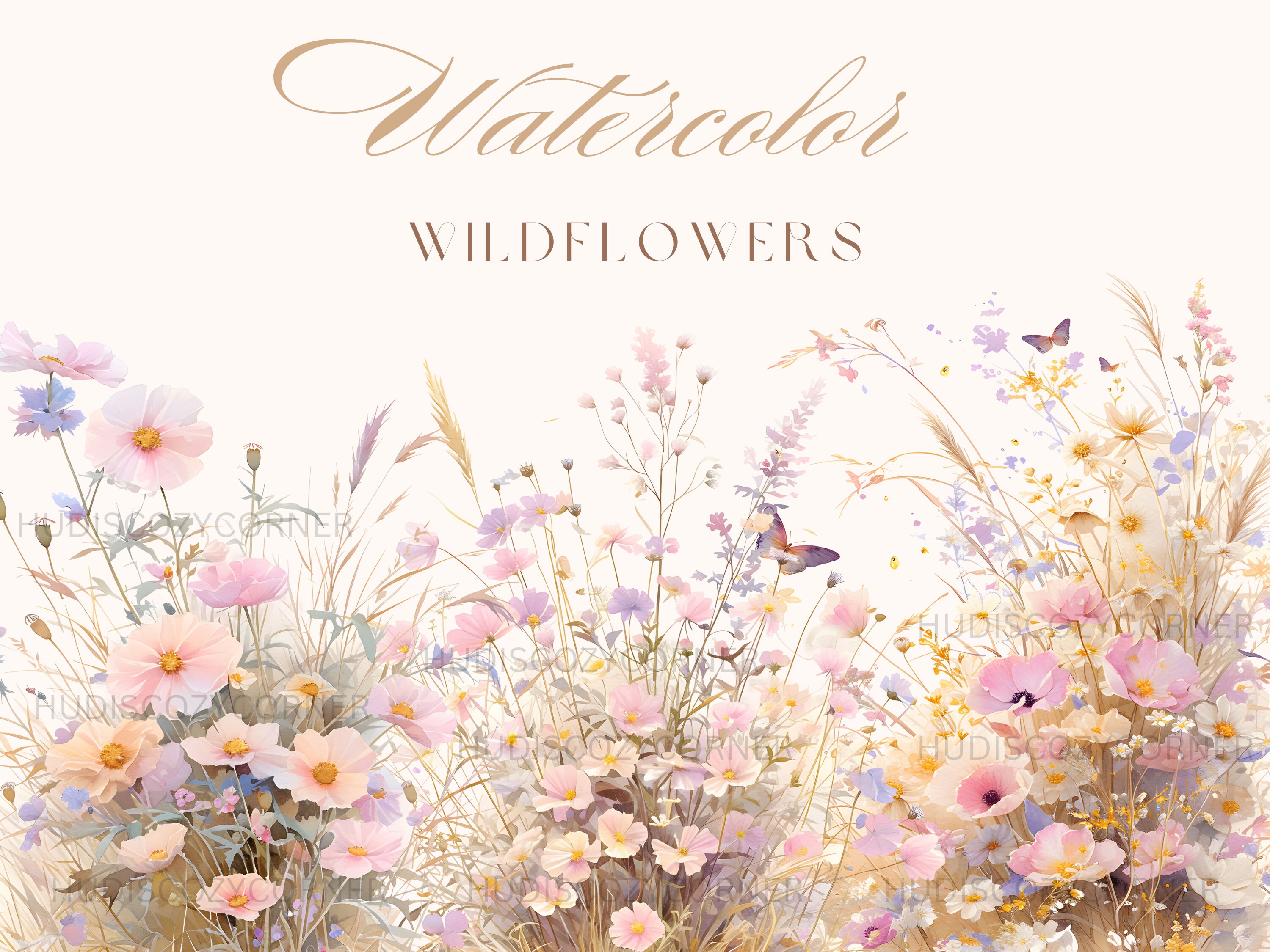 7 Watercolor Wildflower Clipart Border, Wild Floral JPG Corners ...