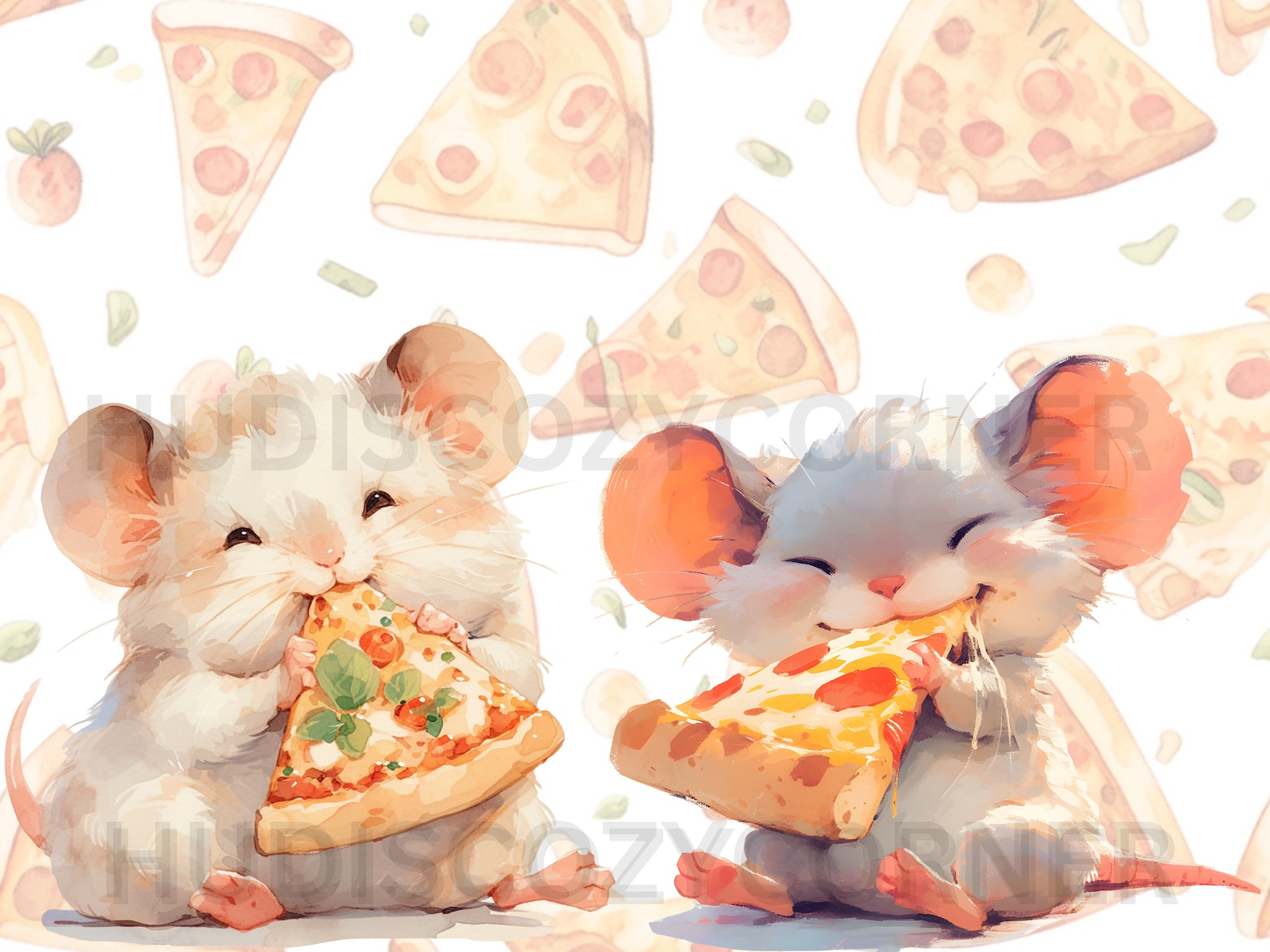 10 Cute Mice Eating Pizza Clipart, Printable Watercolor Mouse Bundle ...