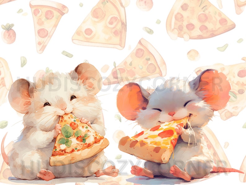 10 Cute Mice Eating Pizza Clipart, Printable Watercolor Mouse Bundle ...