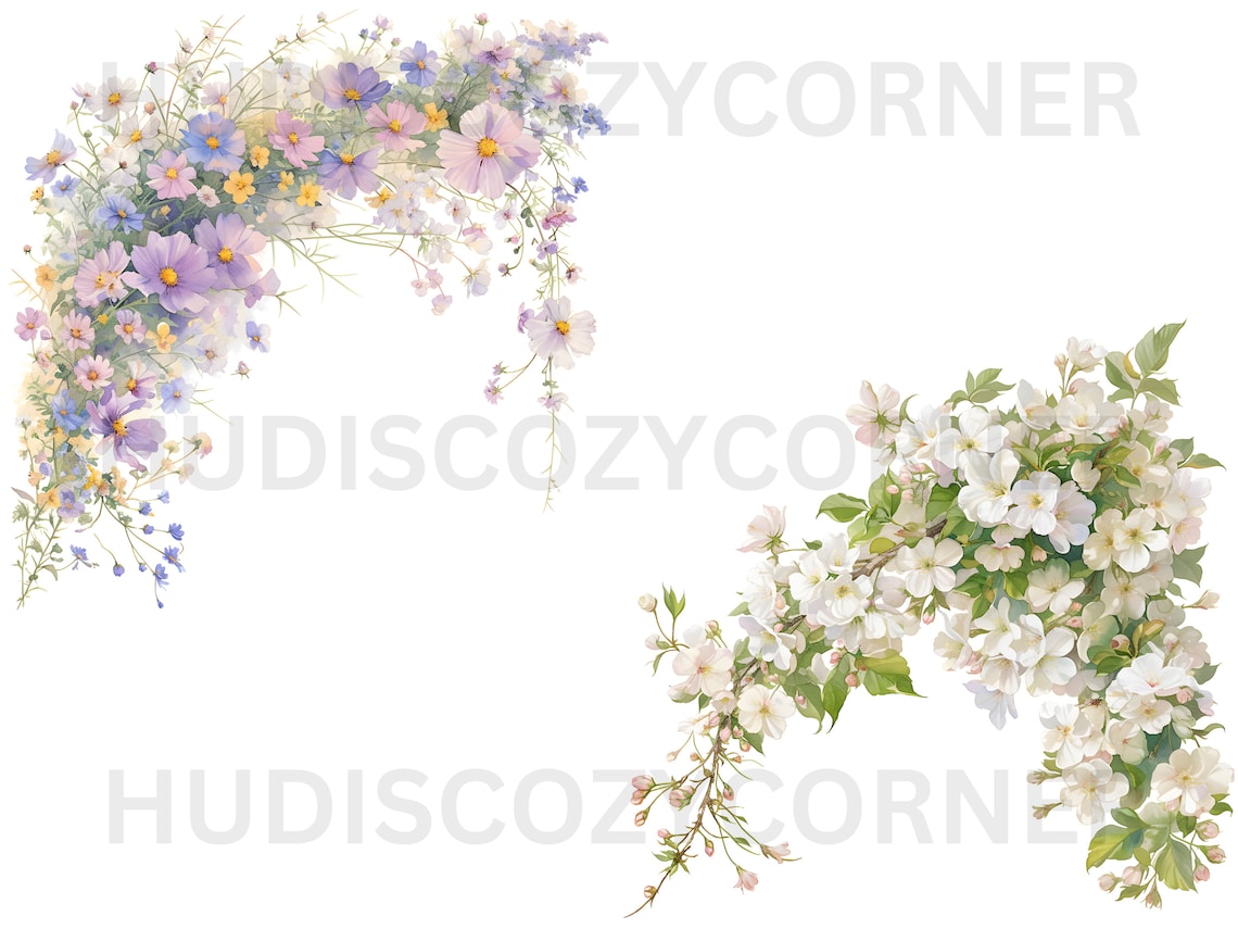 12 Watercolor Spring Flower Border Clipart, Floral Decorative Corner ...