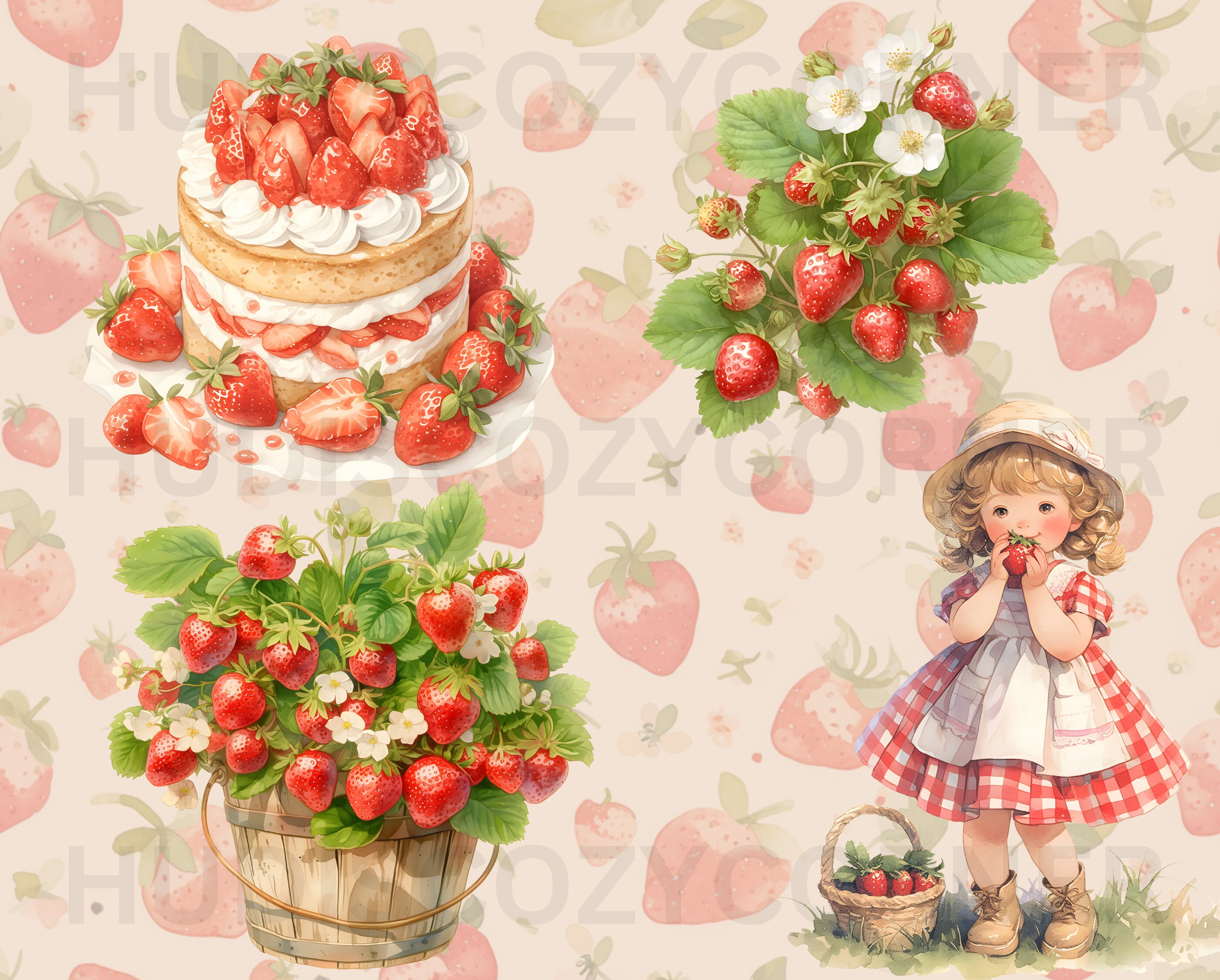 14 Watercolor Strawberry Clipart Bundle, Summer Fruit Graphics, Jam ...