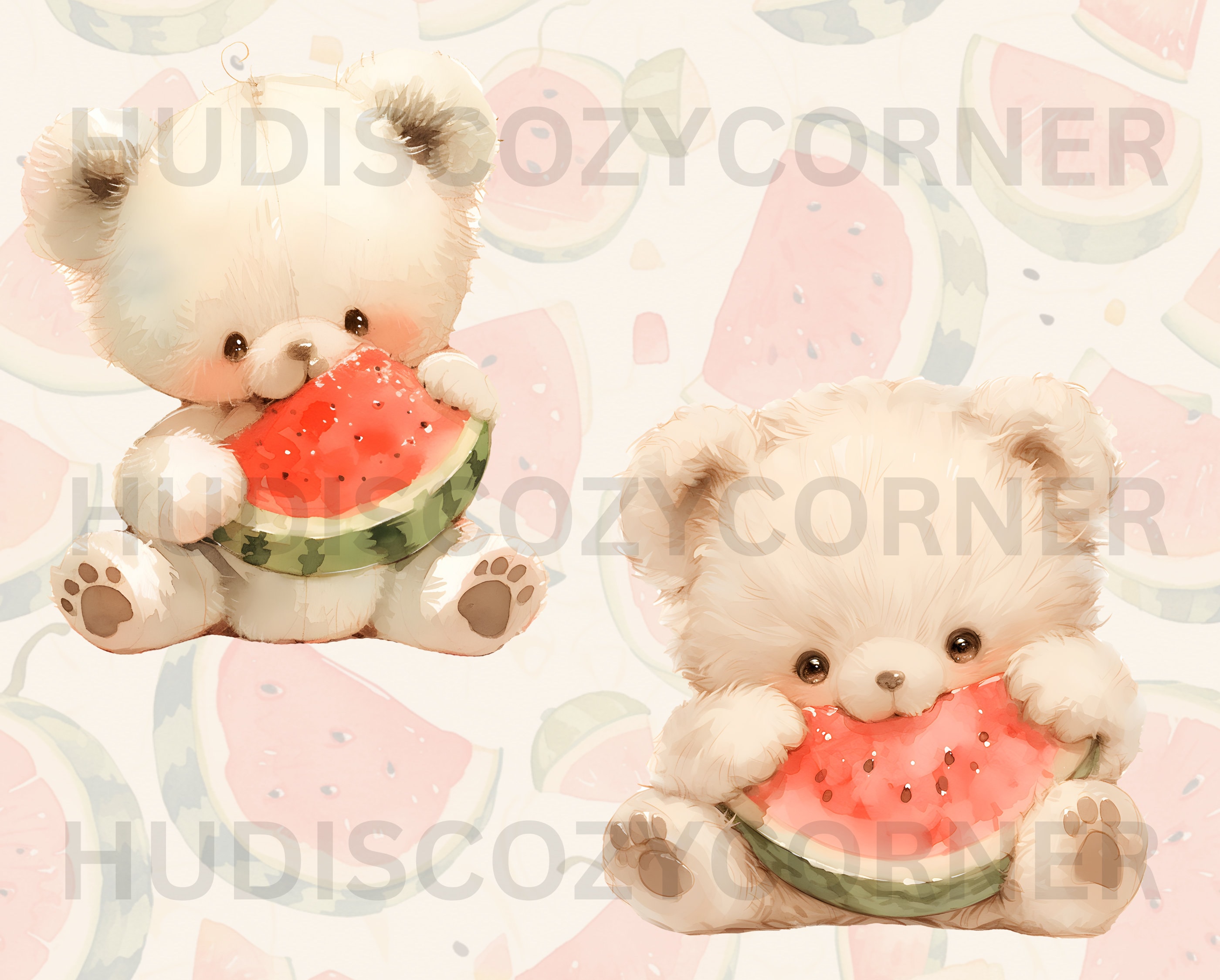 11 Watermelon Teddy Bear Clipart Bundle, Watercolor Summer Fruit ...