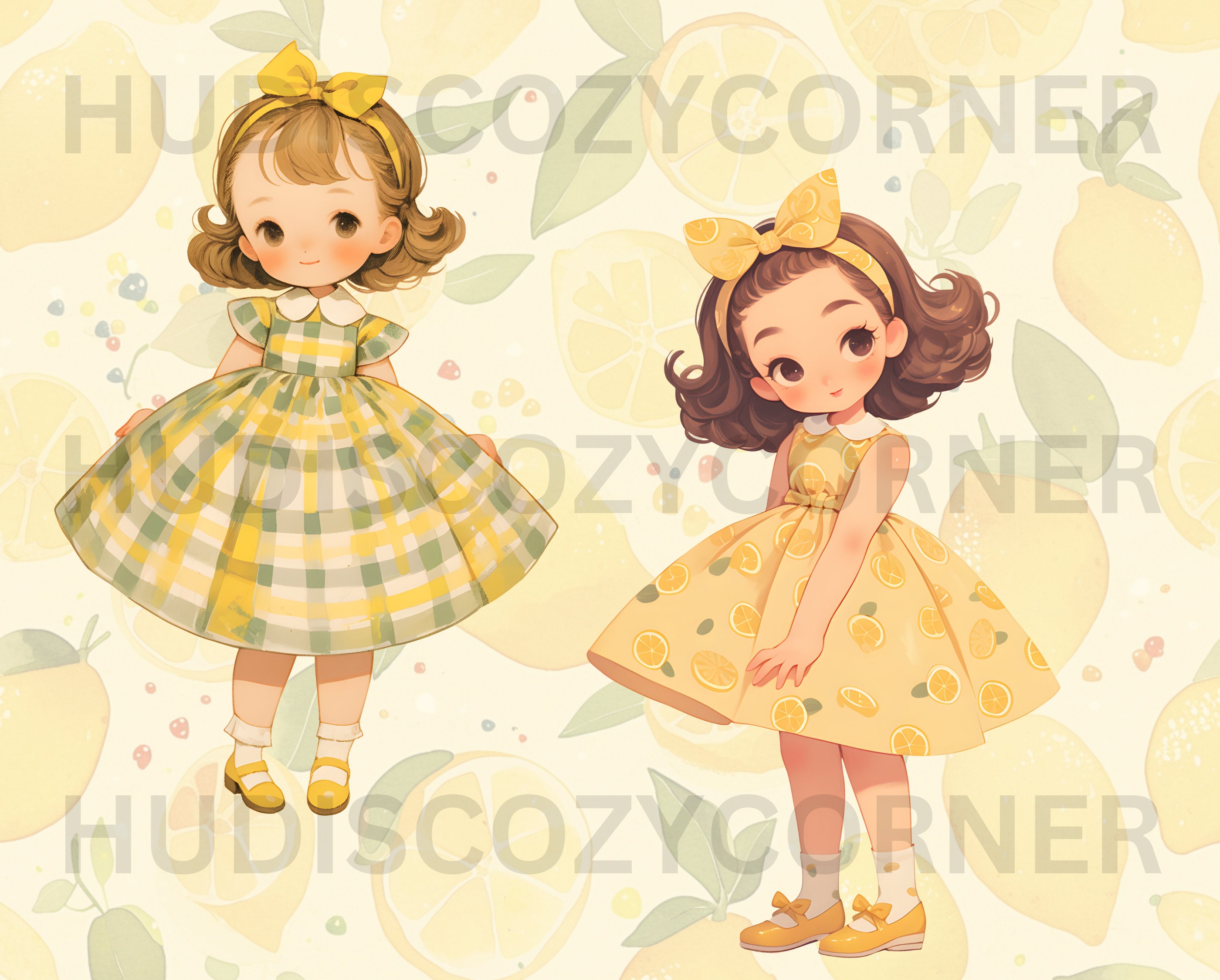 8 Girl in Lemon Dress Clipart, Vintage Yellow Dress Girl Bundle ...