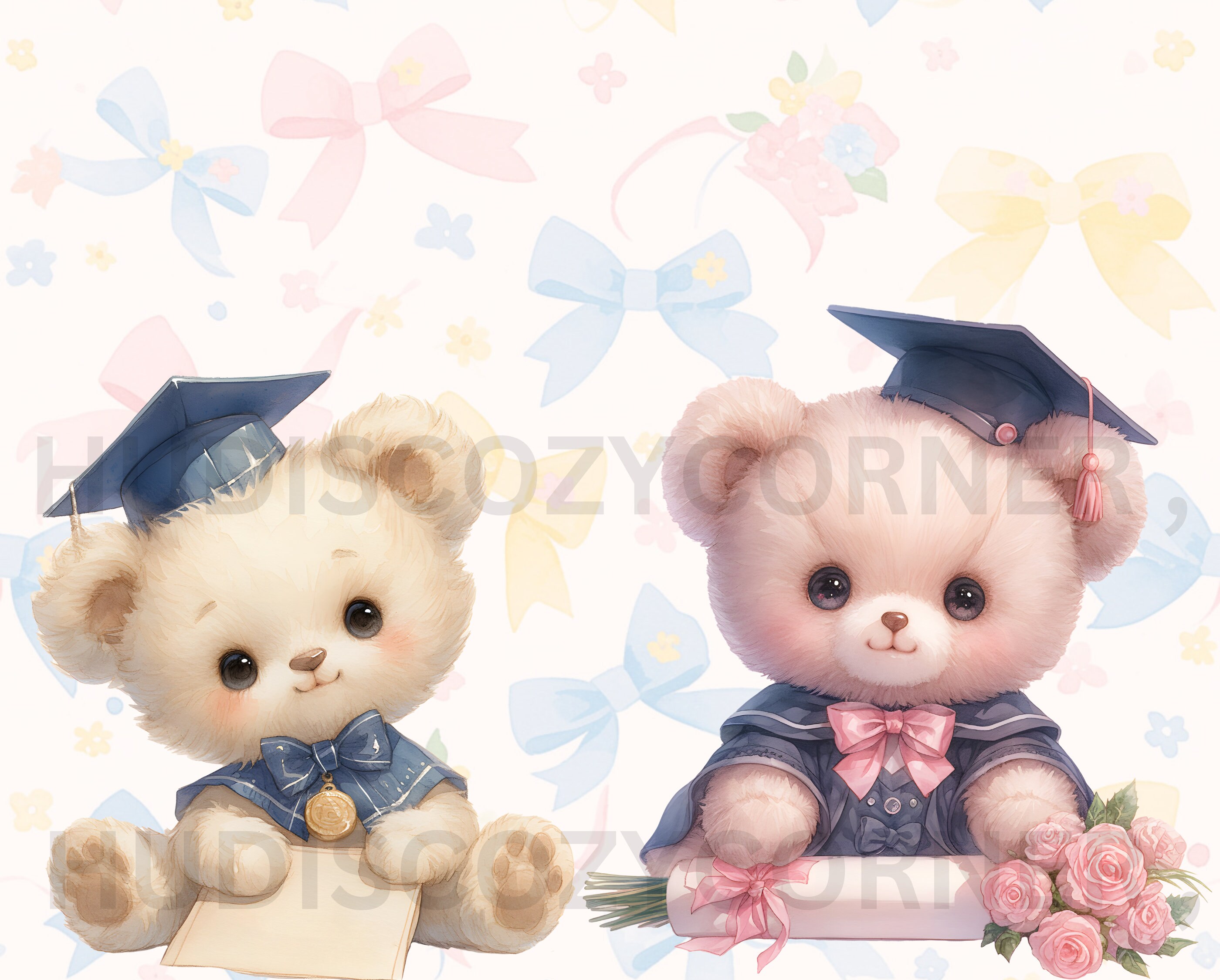 15 Graduating Teddy Bear Clipart Bundle, Watercolor Cute Grad Bear ...