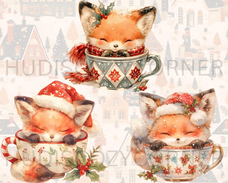 19 Christmas Fox in Cup Clipart, Watercolor Cute Vintage Woodland ...