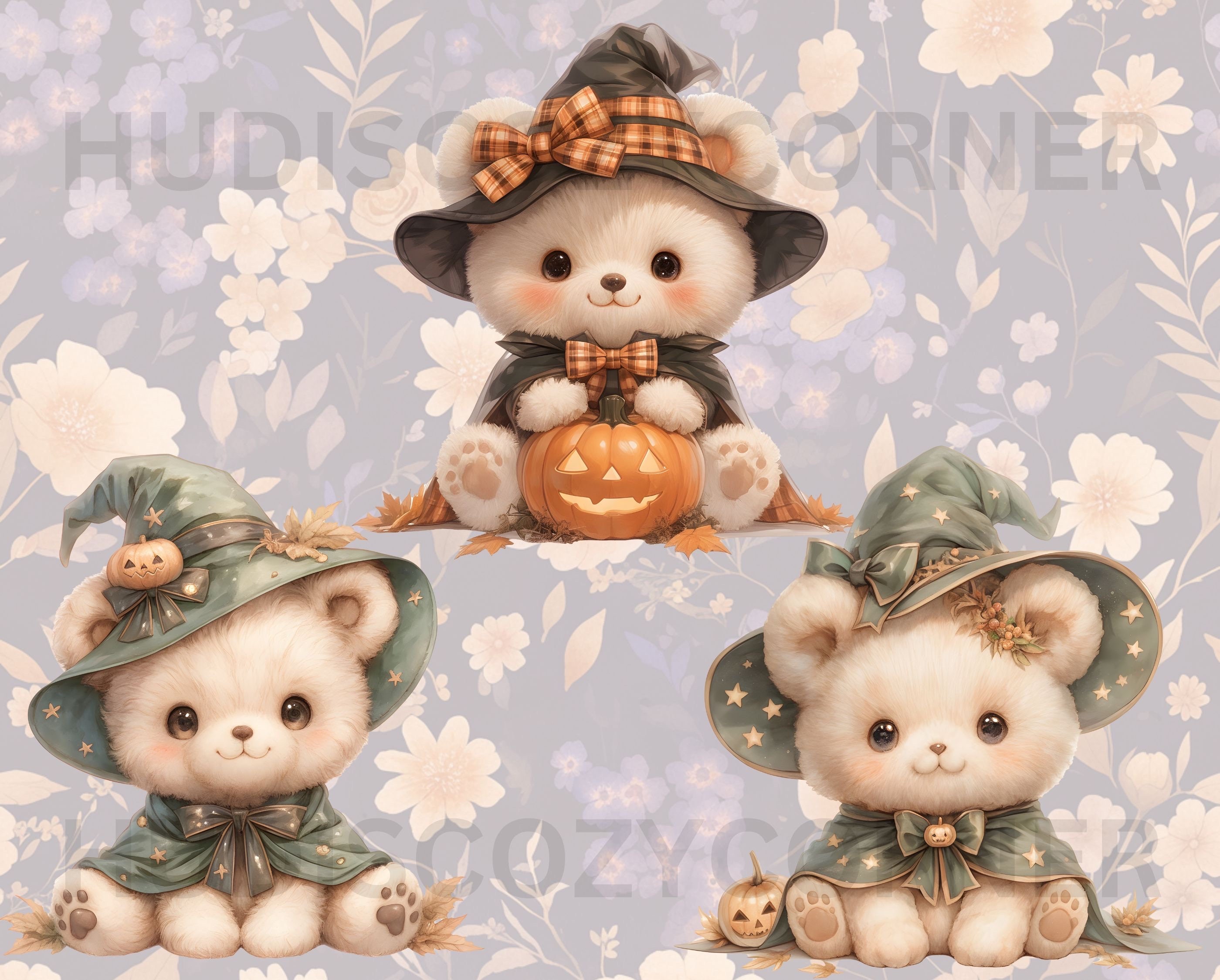 14 Teddy Bear in Witch Costume Clipart, Watercolor Vintage Halloween ...